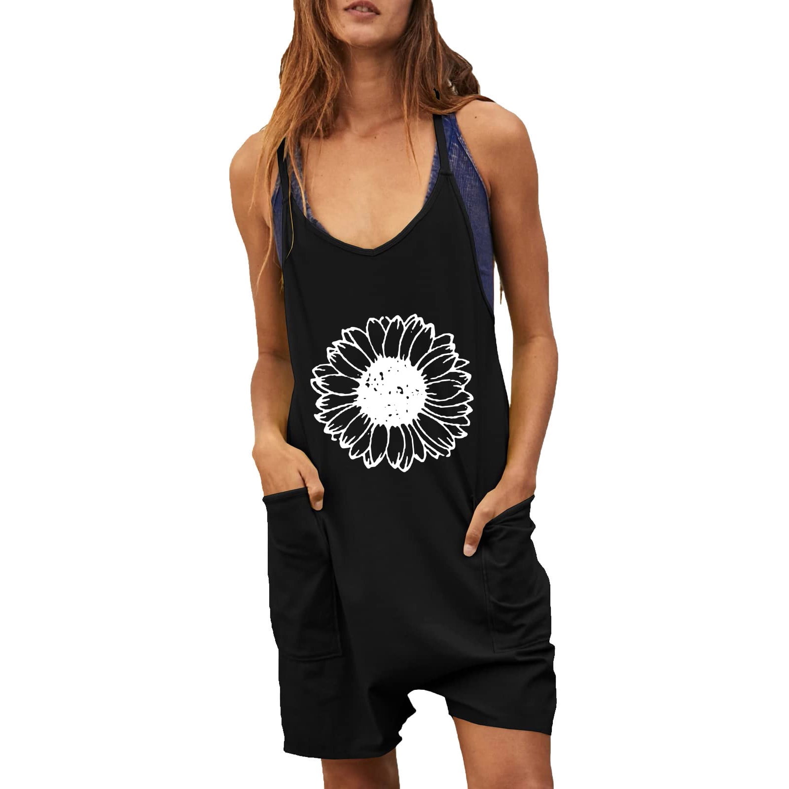 Wide Leg Loose Fit Printed V-Neck Sleeveless Rompers,Womens Summer ...