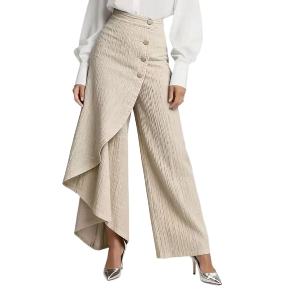 Wide Leg Loose Fit Ruffled Trousers Button Detail Wrap Skirted Pants ...