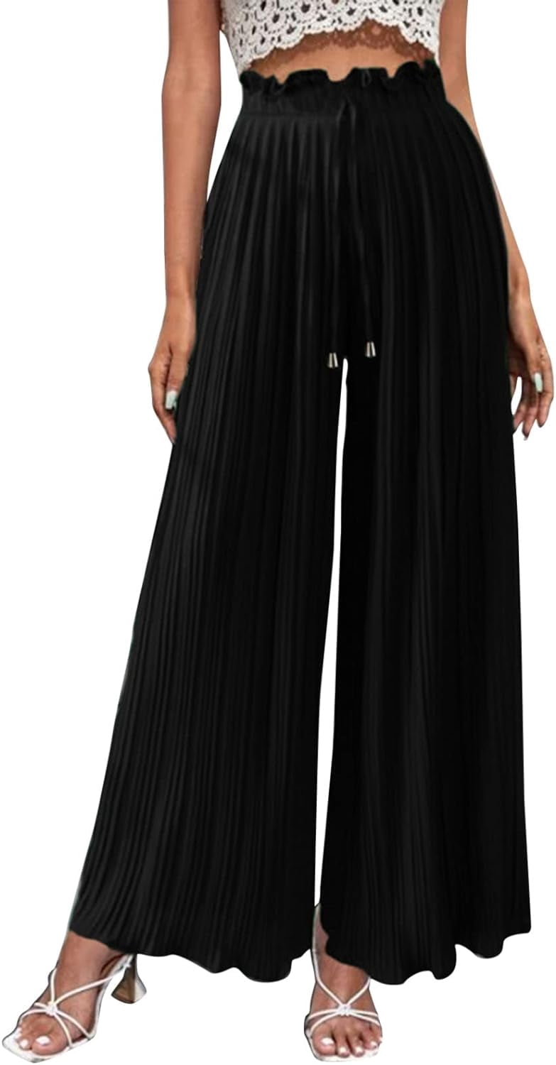 Wide Leg Palazzo Pants for Women Ruffle Elastic High Waistband Lacing ...
