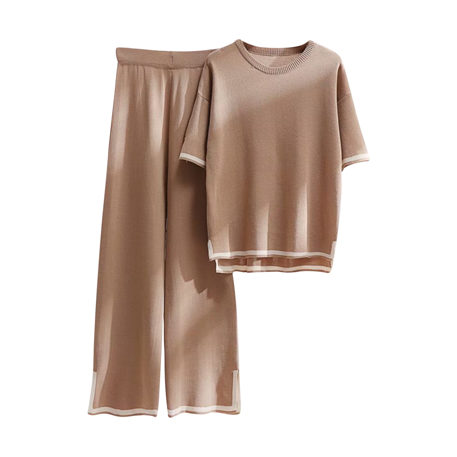 Wide Leg Pant Set Two Piece Outfit Women Clothing Set Female Round Neck ...