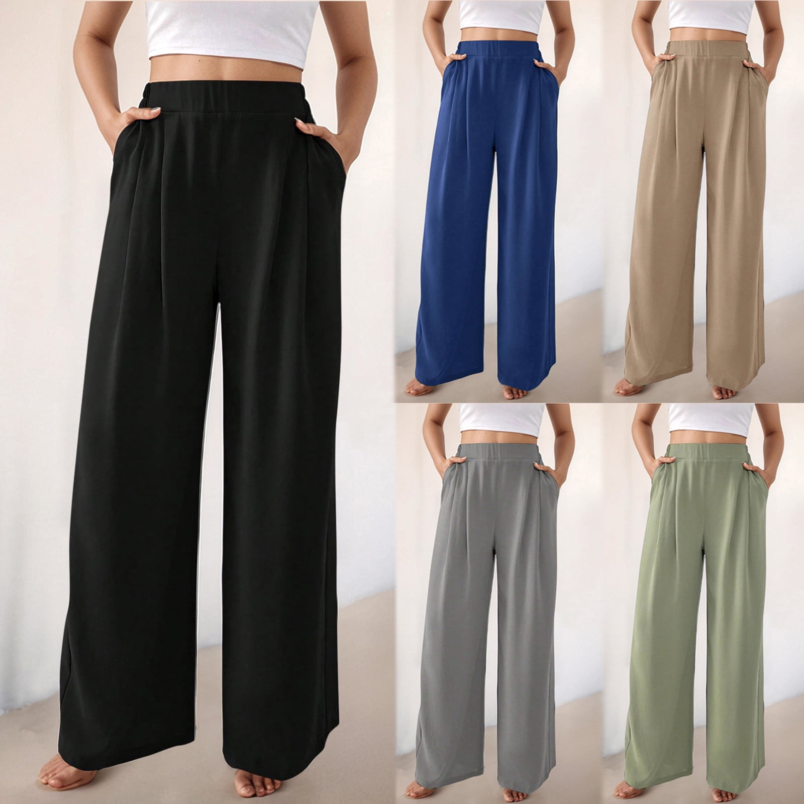 Wide Leg Pants Woman 2025 Solid Color Drape High Waisted Slant Pocket ...