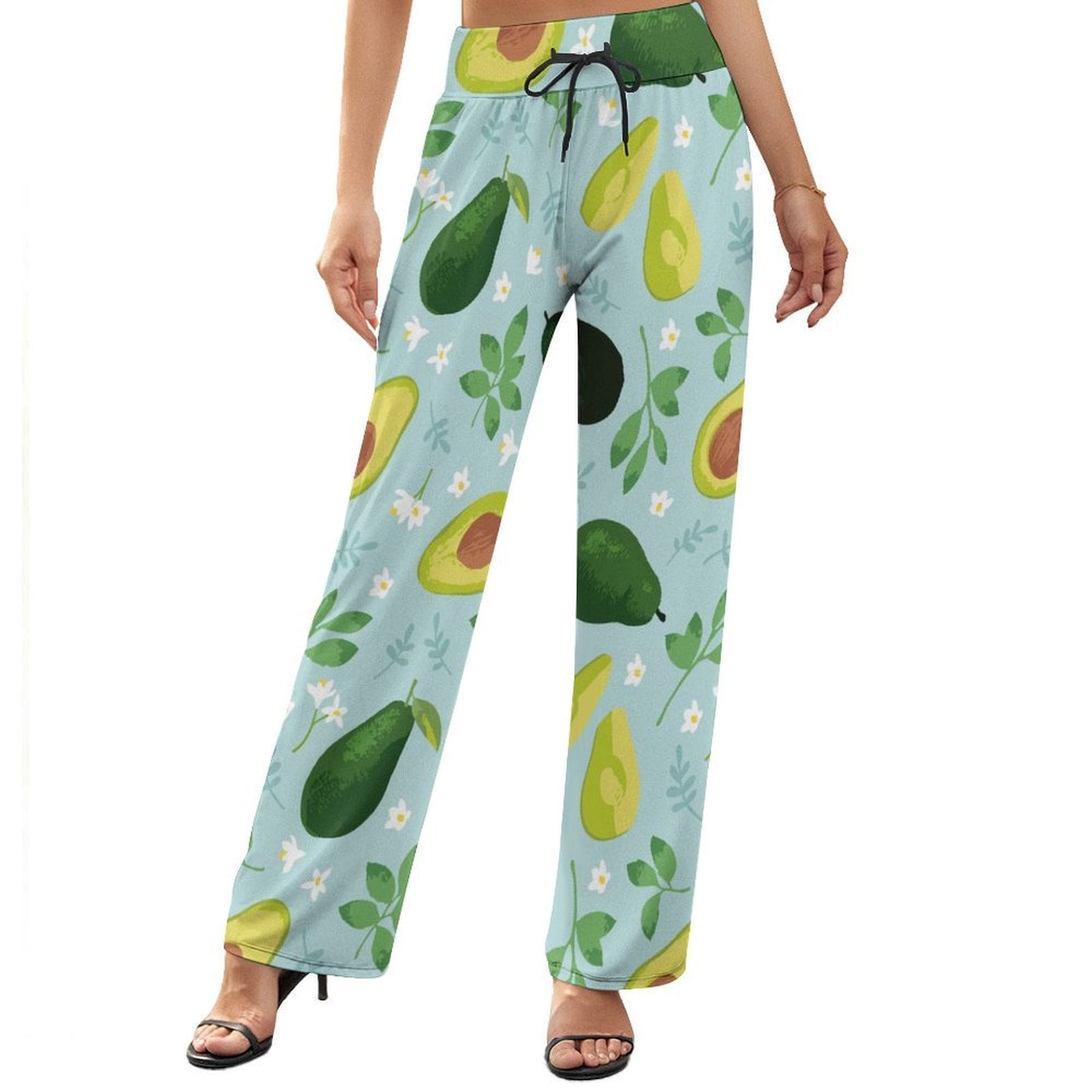 Wide Leg Pants Woman - Avocado Flowers And Leaves Loose High Waisted ...