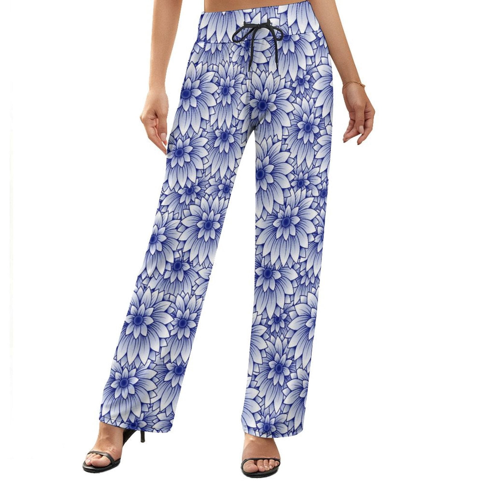 Wide Leg Pants Woman - Blue And White Flowers Loose High Waisted ...