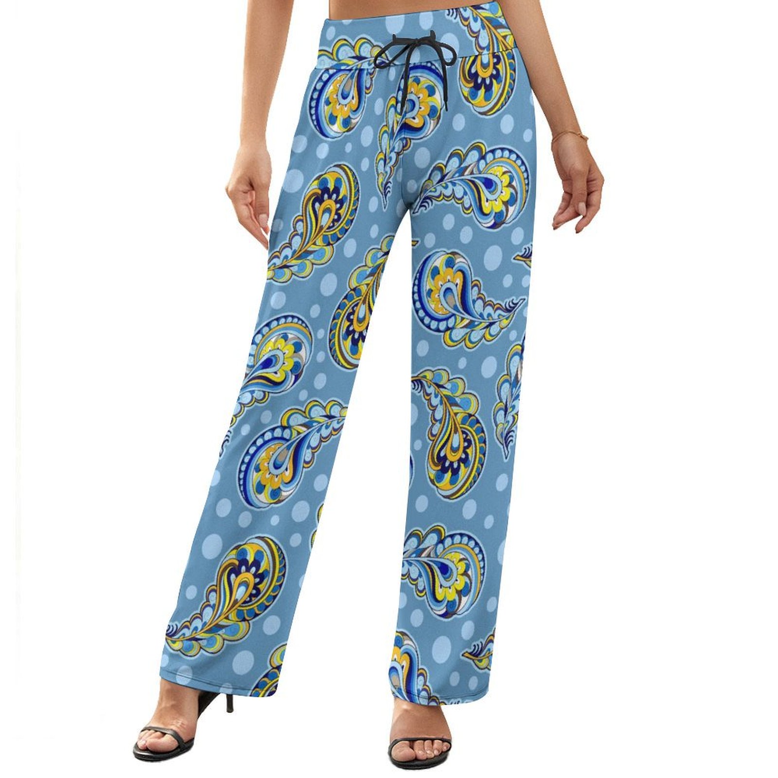 Wide Leg Pants Woman - Blue Paisley Pattern Loose High Waisted Palazzo ...