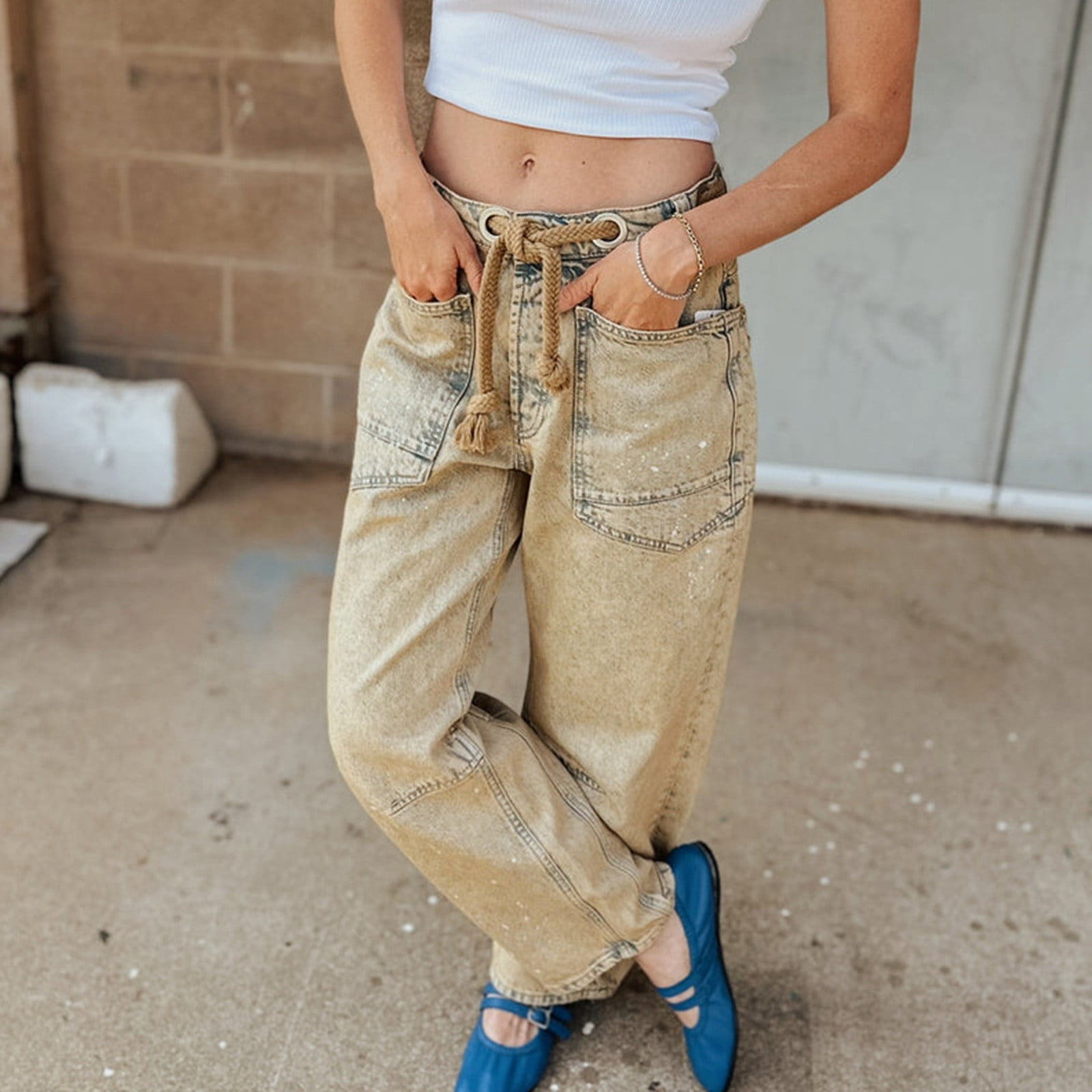 Wide Leg Pants Woman Boyfriend Style Denim Drawstring Mid Rise Ripped ...