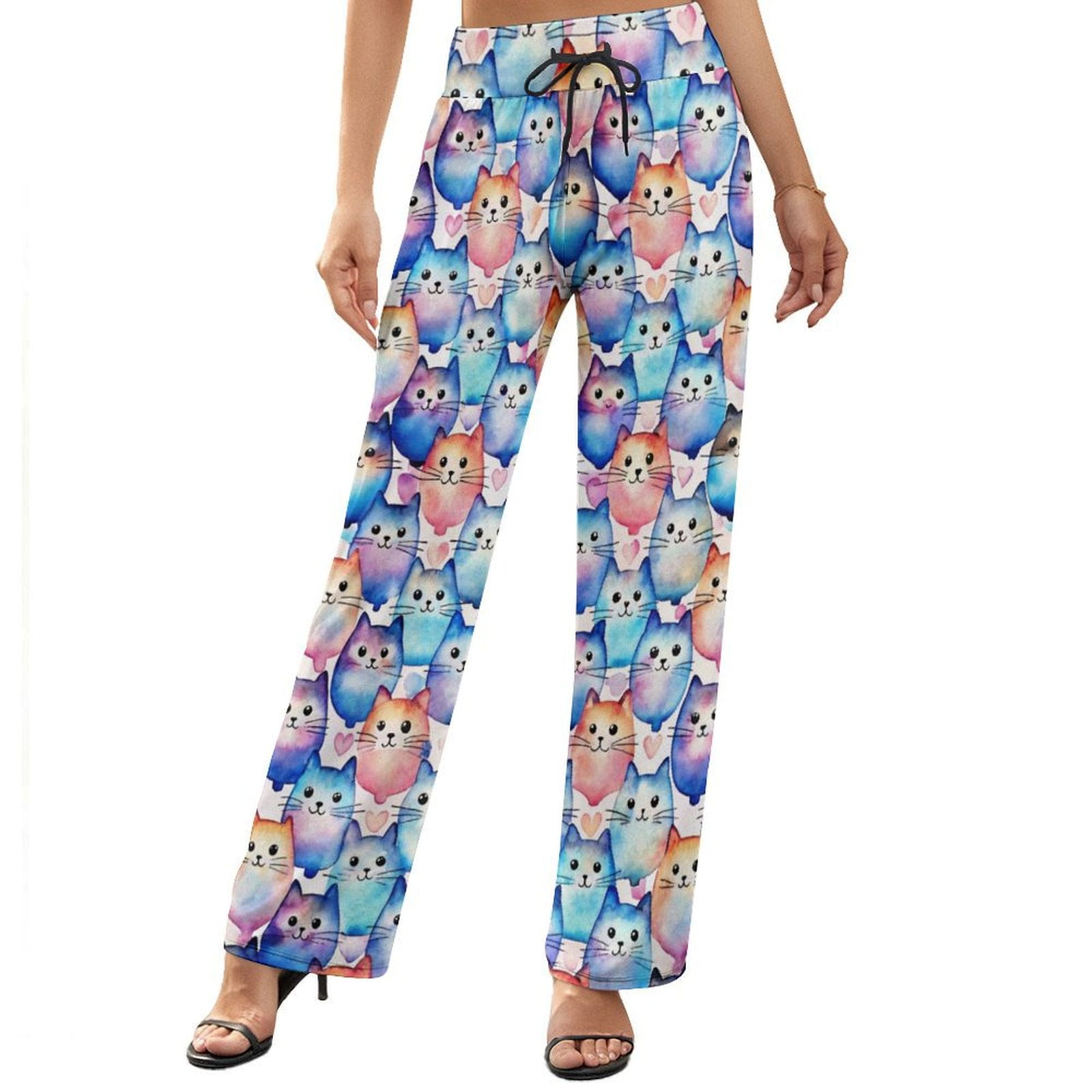 Wide Leg Pants Woman - Cartoon Colorful Cute Cat Loose High Waisted ...