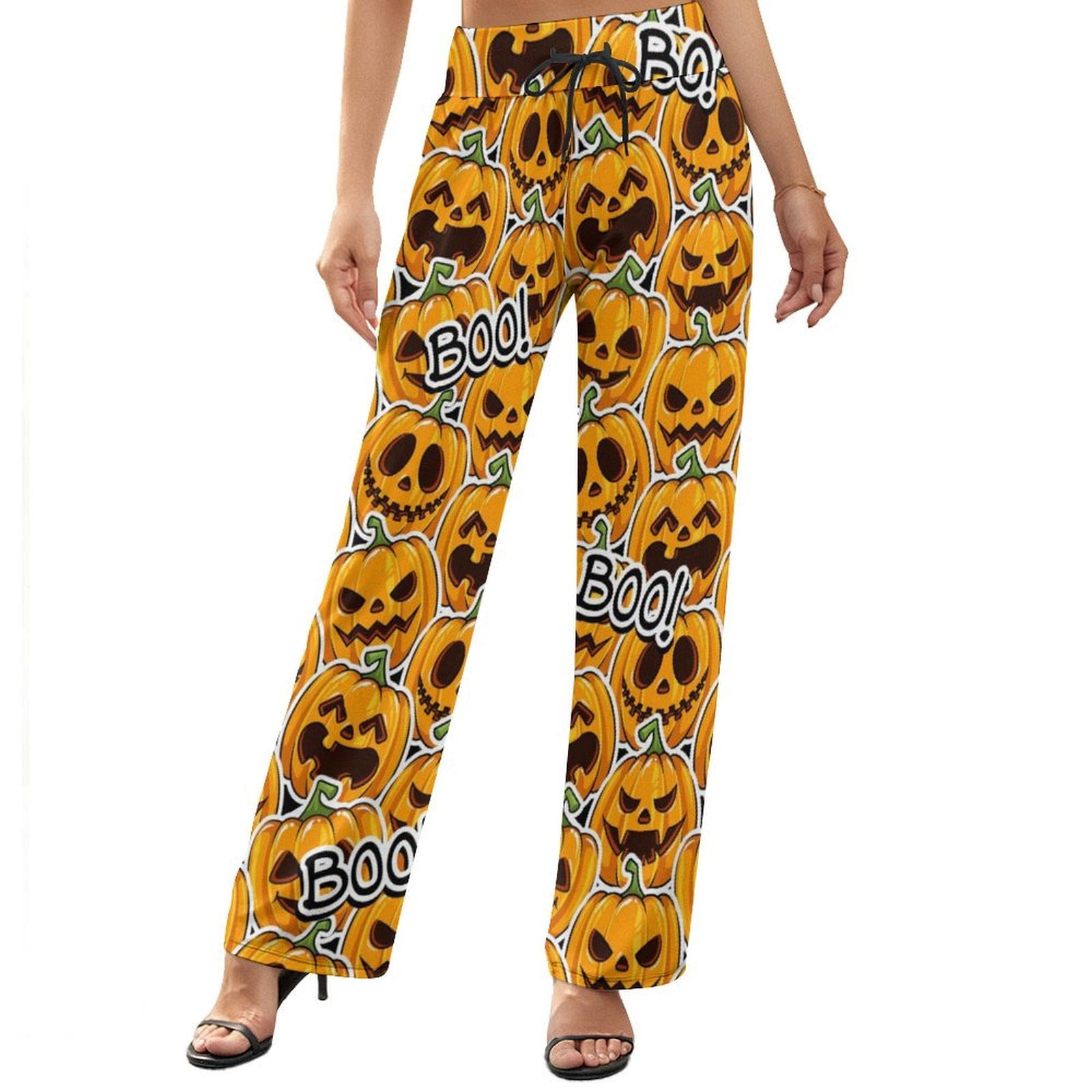 Wide Leg Pants Woman - Cartoon Pumpkins Halloween Loose High Waisted ...