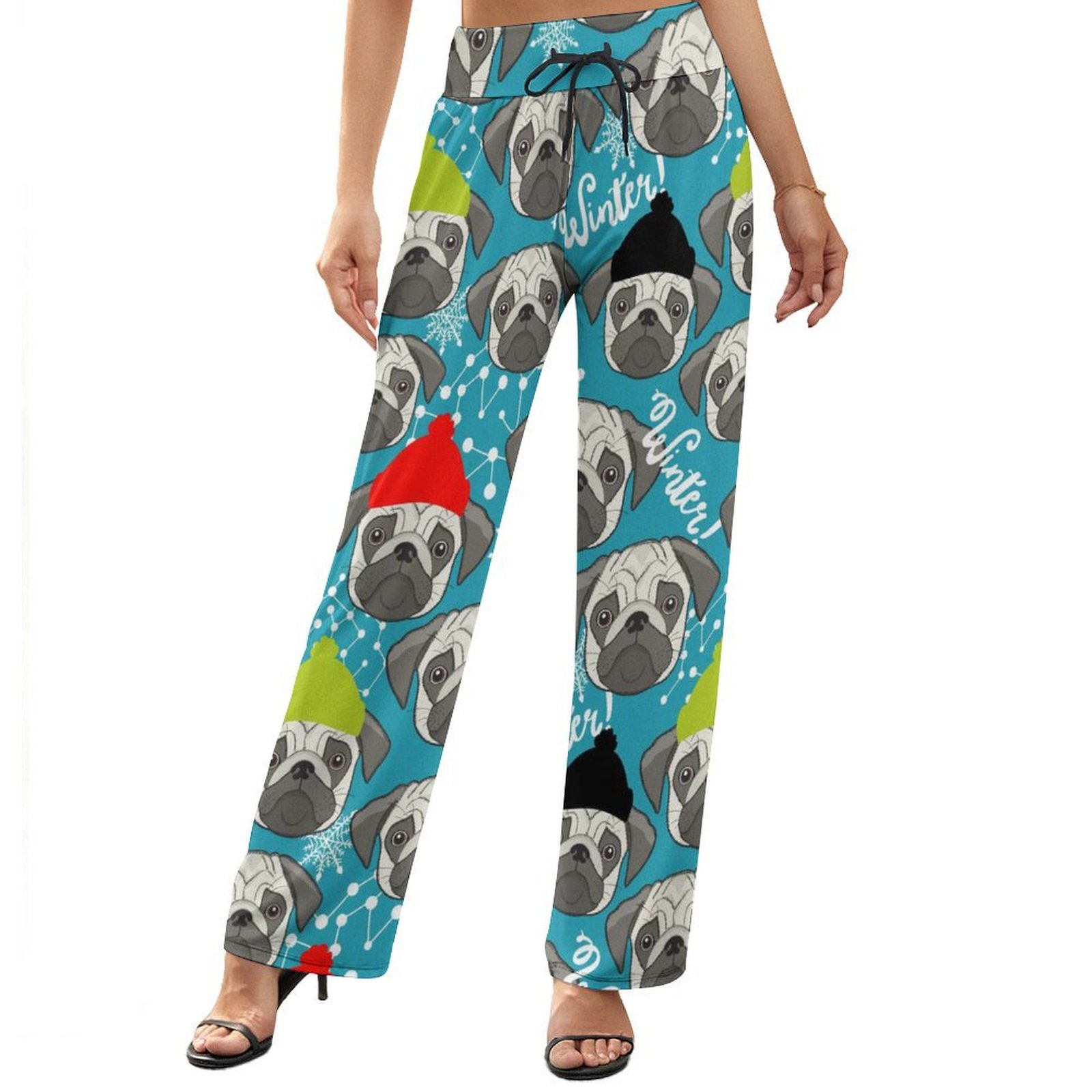 Wide Leg Pants Woman - Christmas Hat Cute French Bulldog Loose High ...