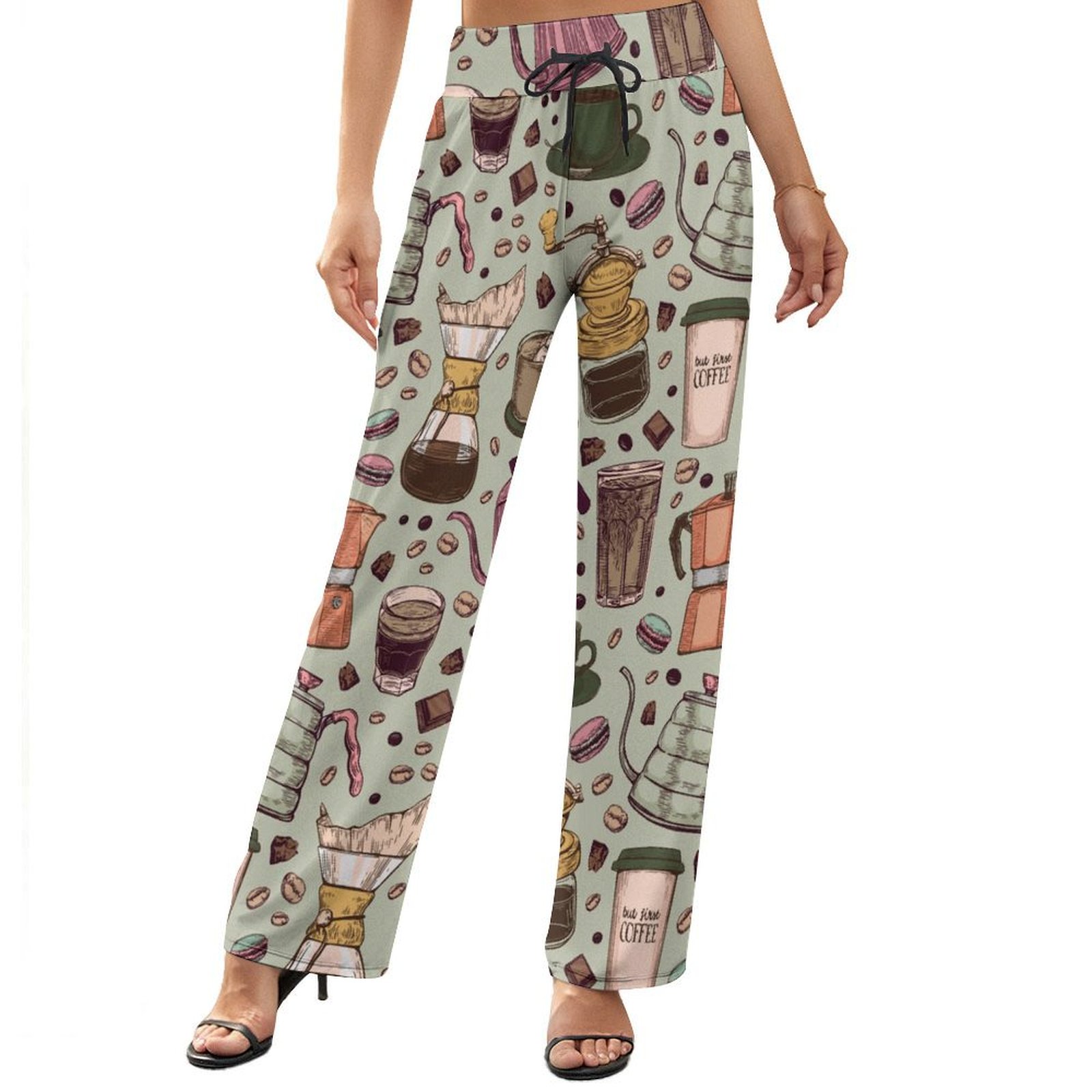 Wide Leg Pants Woman - Coffee Pots Cup Loose High Waisted Palazzo Pants ...