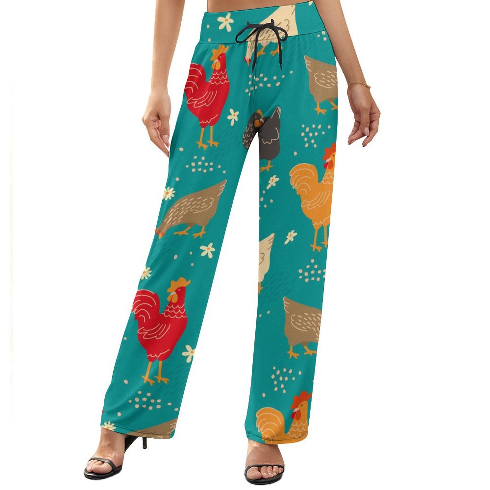 Wide Leg Pants Woman - Cute Hens And Rooster Loose High Waisted Palazzo ...