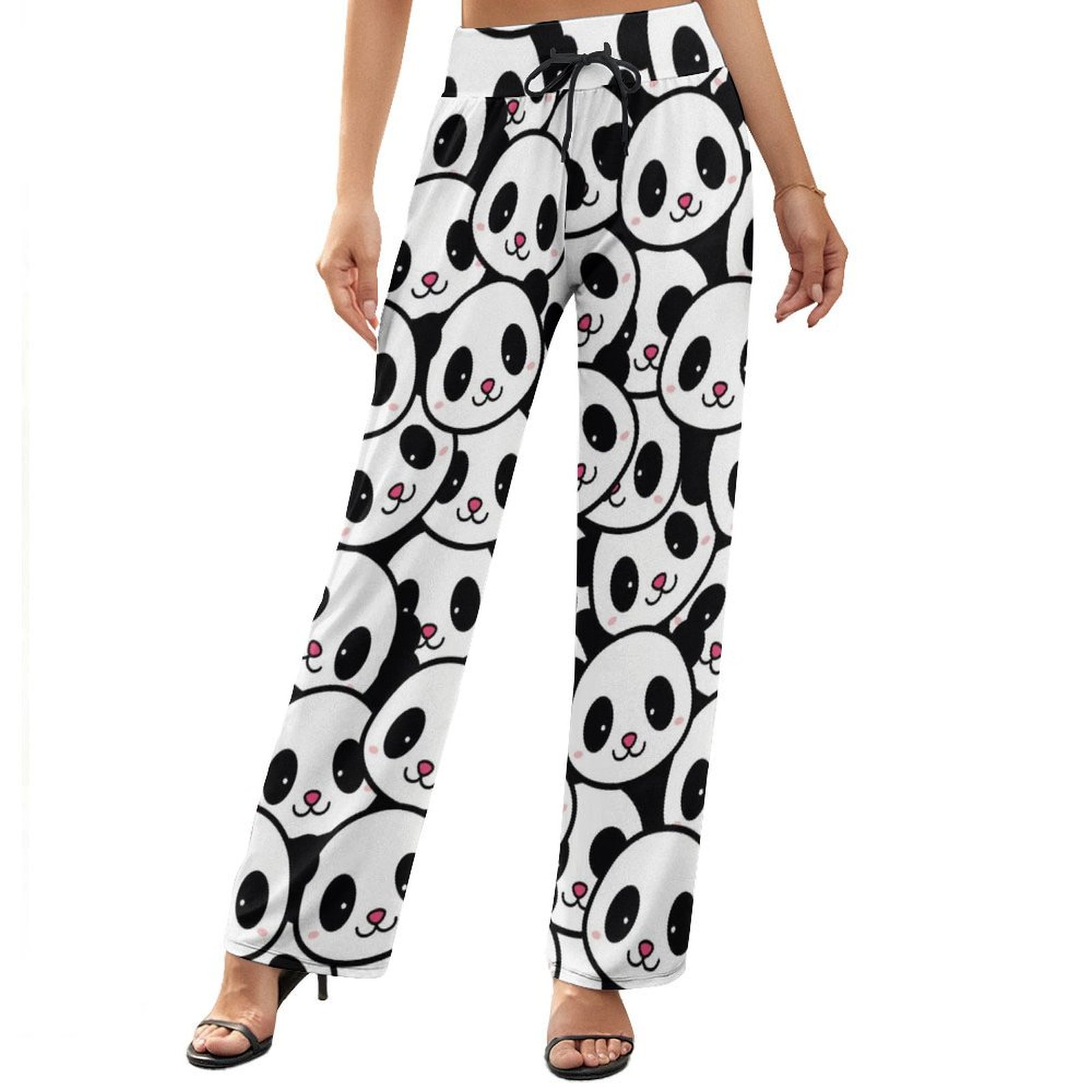 Wide Leg Pants Woman, Cute Panda Face High Waist Knot Palazzo Pants for ...
