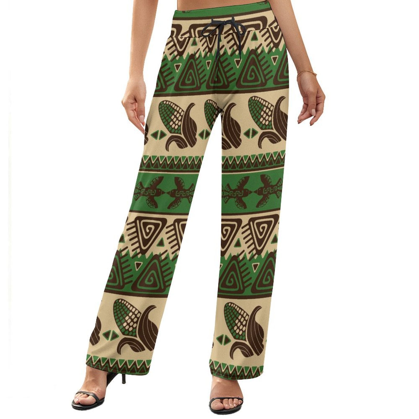Wide Leg Pants Woman - Dark Green Vintage Corn Pattern Loose High ...