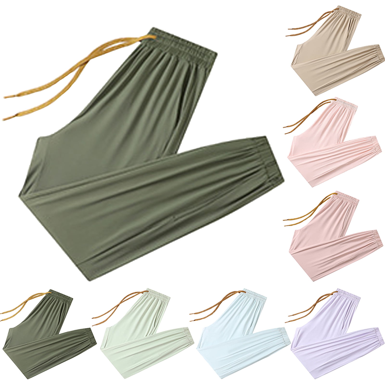 Wide Leg Pants Woman Elastic Waist Drawstring Cool Ice Silk Super ...