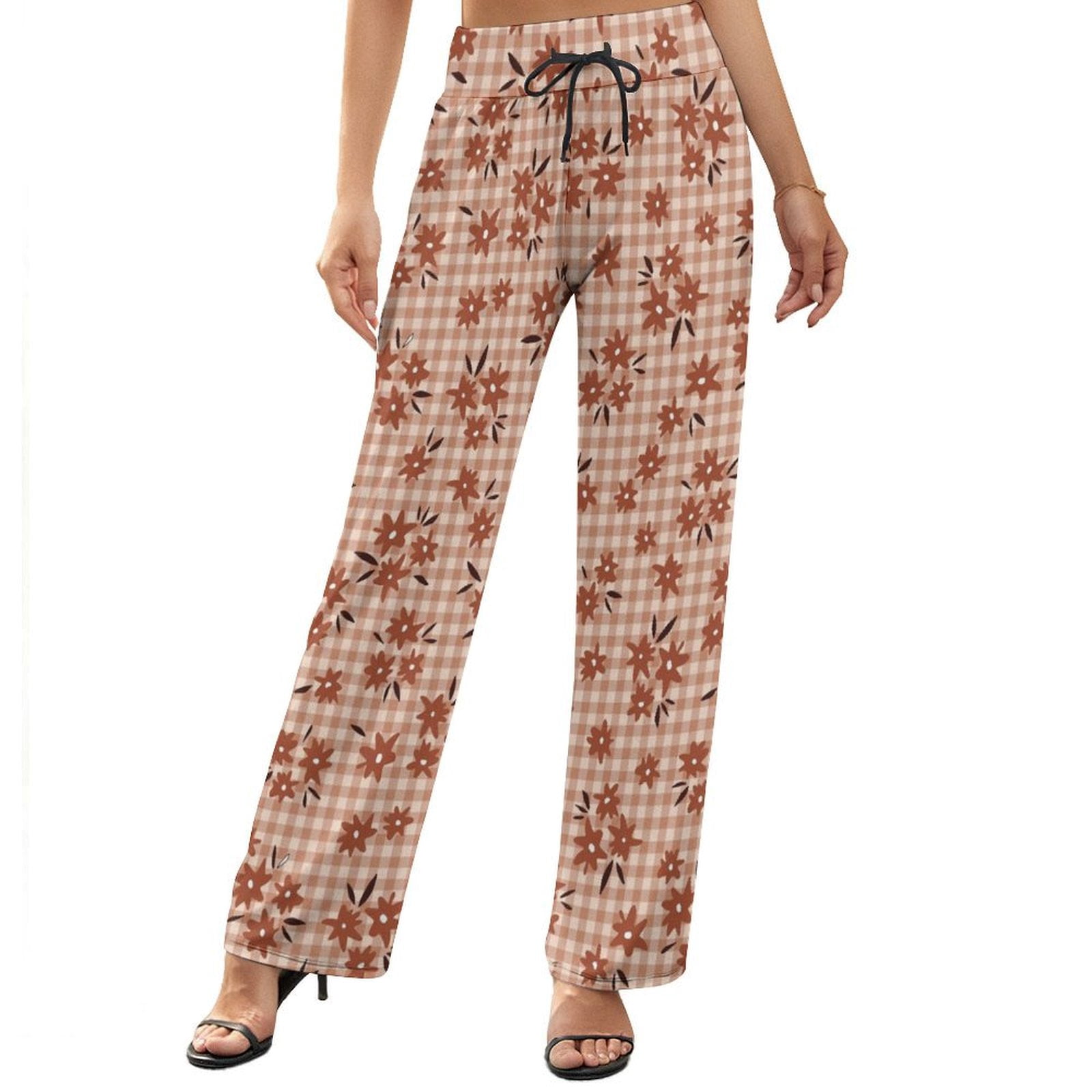 Wide Leg Pants Woman - Fall Flower Plaid Loose High Waisted Palazzo ...