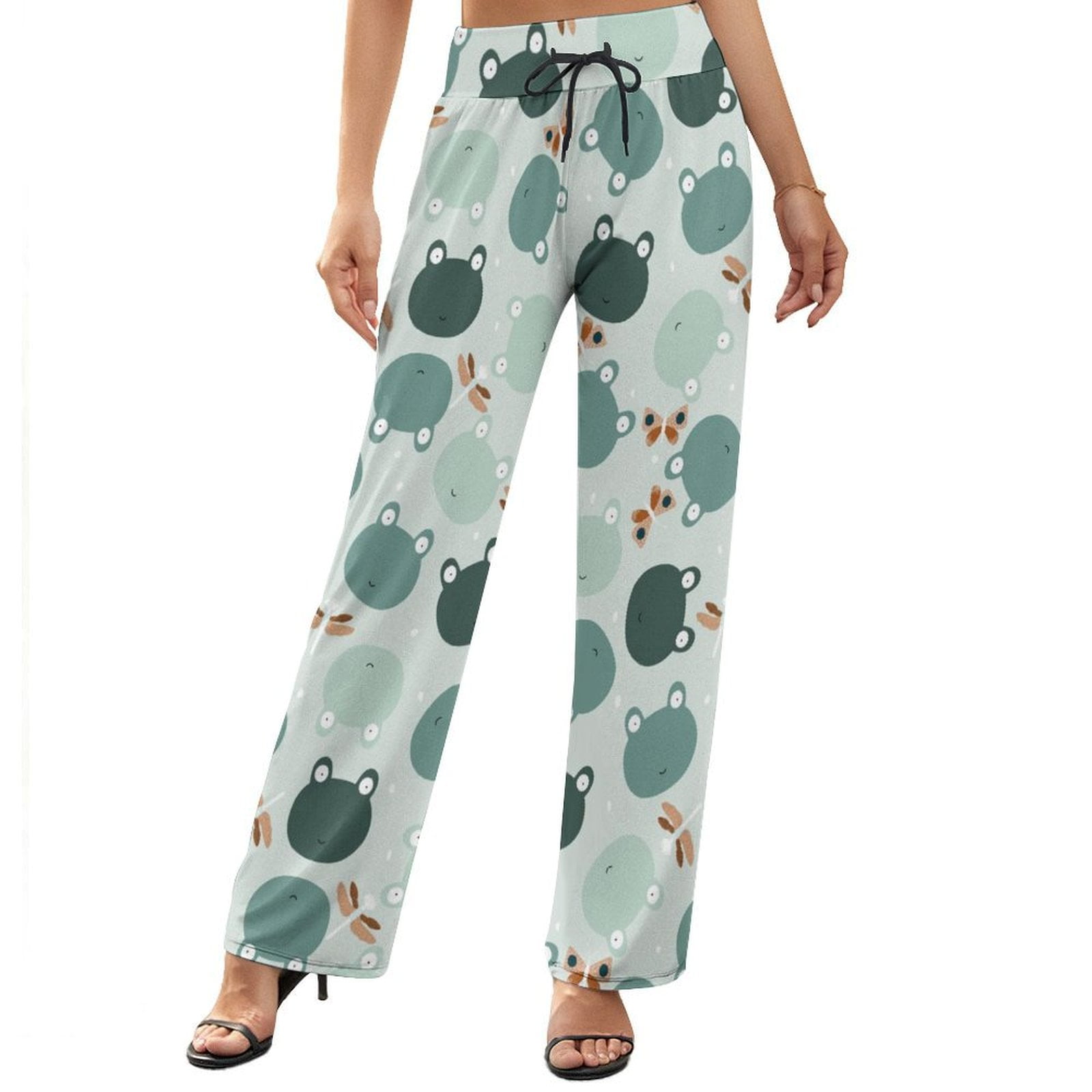 Wide Leg Pants Woman - Frog And Dragonflies Loose High Waisted Palazzo ...