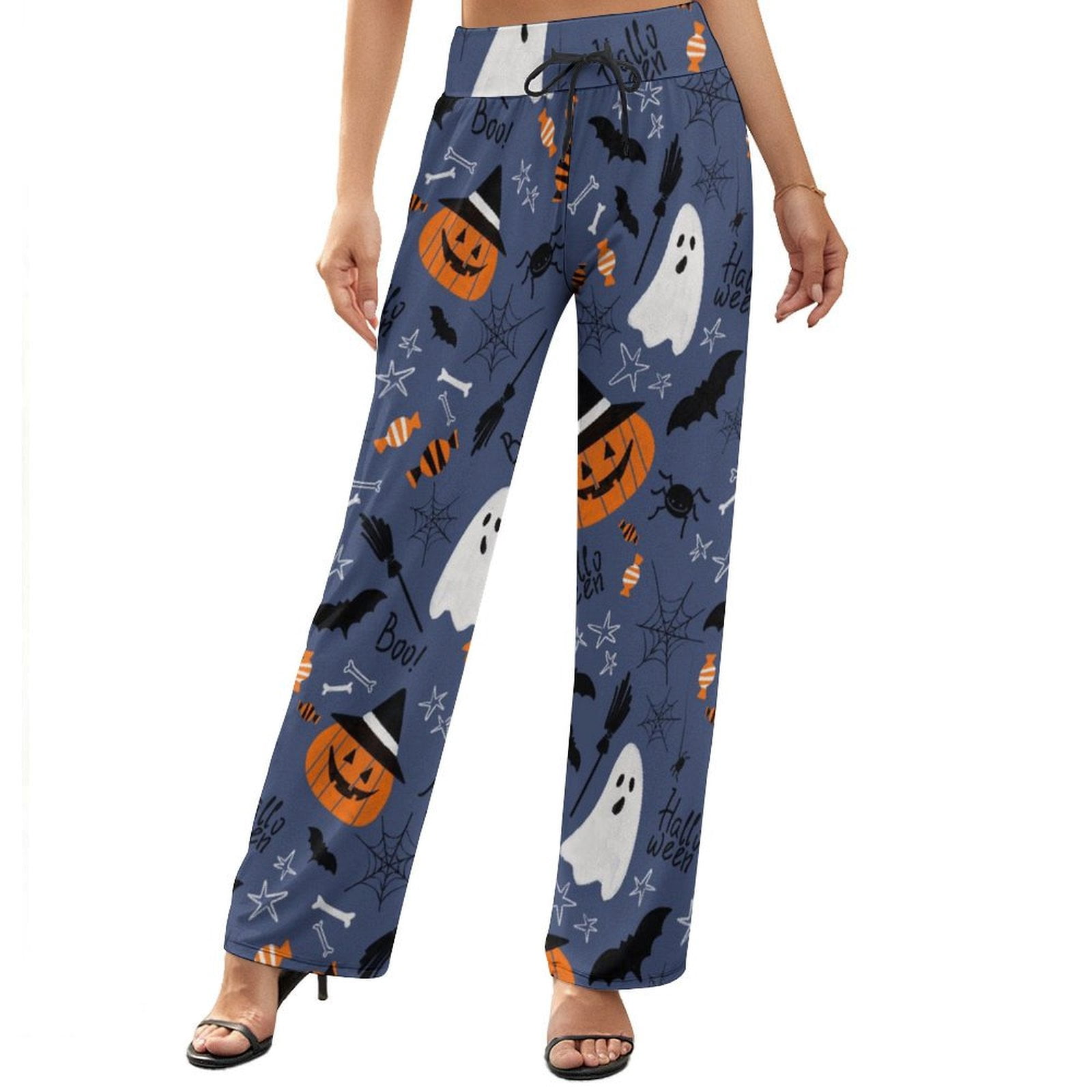 Wide Leg Pants Woman - Fun Halloween Pumpkin Loose High Waisted Palazzo ...