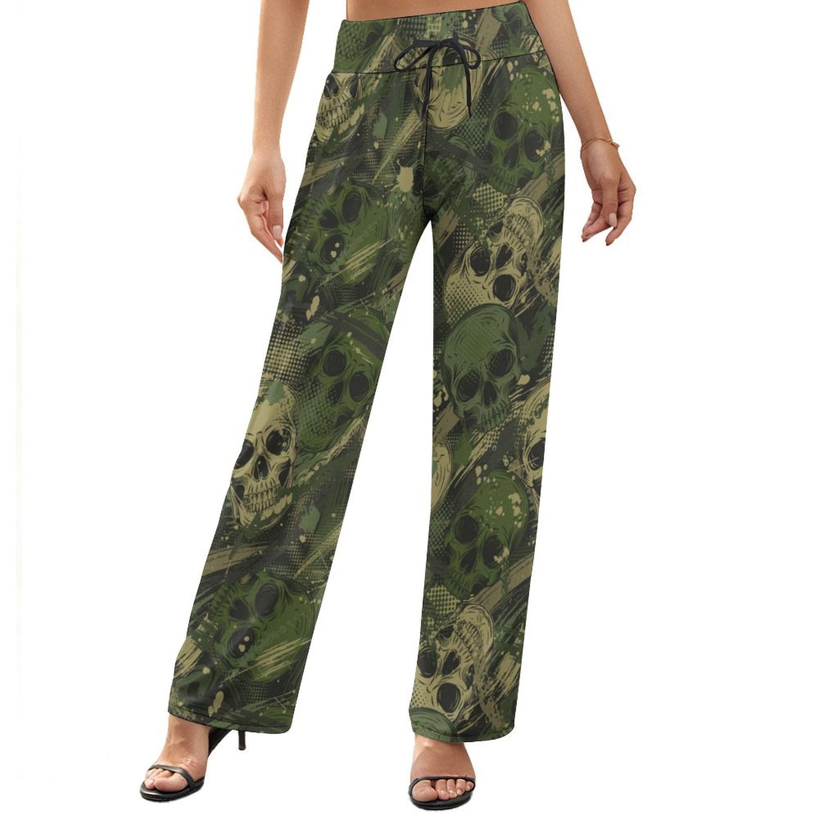 Wide Leg Pants Woman - Green Camouflage Skull Loose High Waisted ...