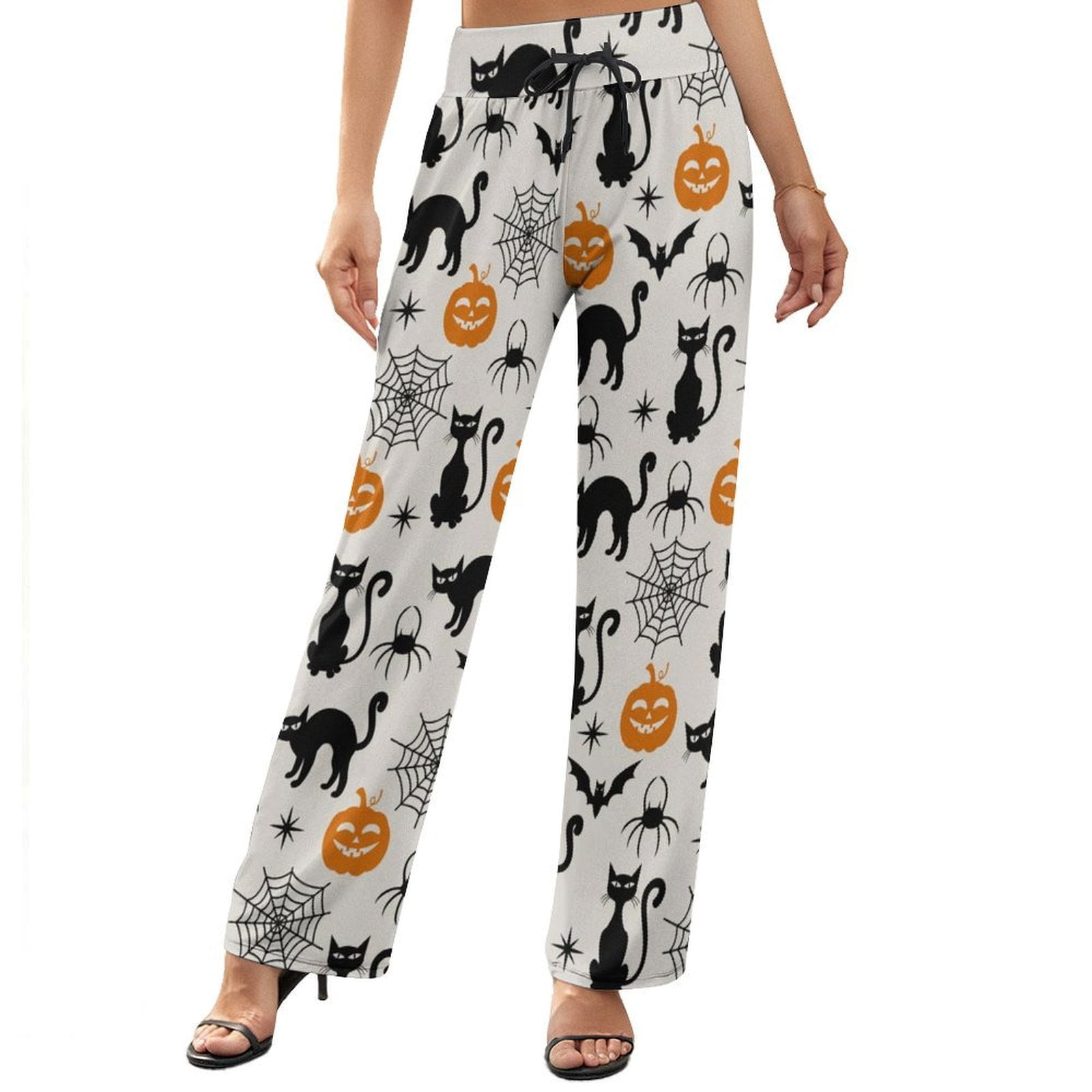 Wide Leg Pants Woman - Halloween Pumpkin Cat Loose High Waisted Palazzo ...