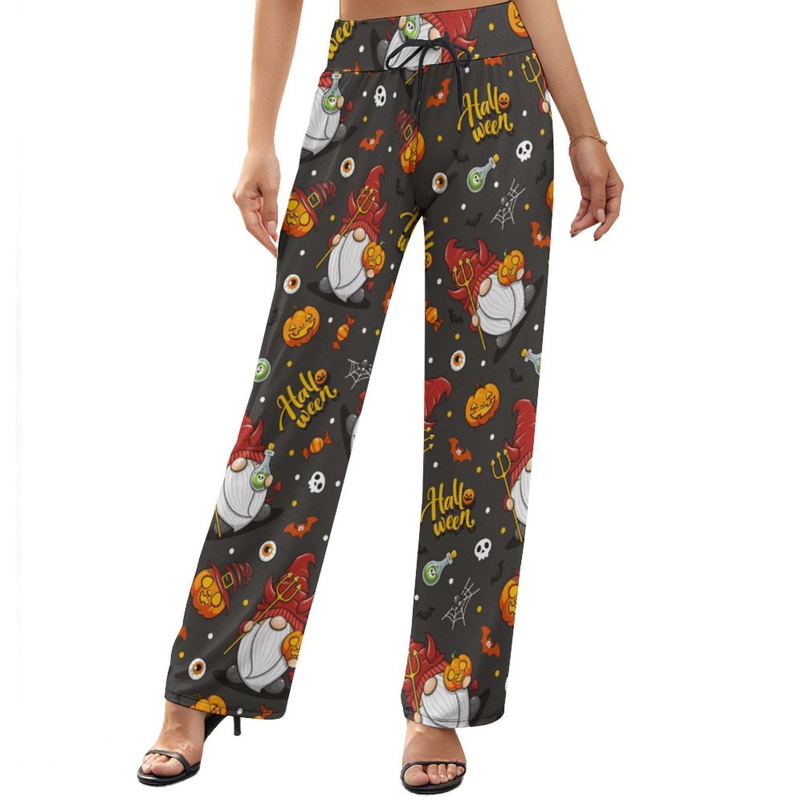 Wide Leg Pants Woman - Halloween Pumpkin Gnomes Loose High Waisted ...