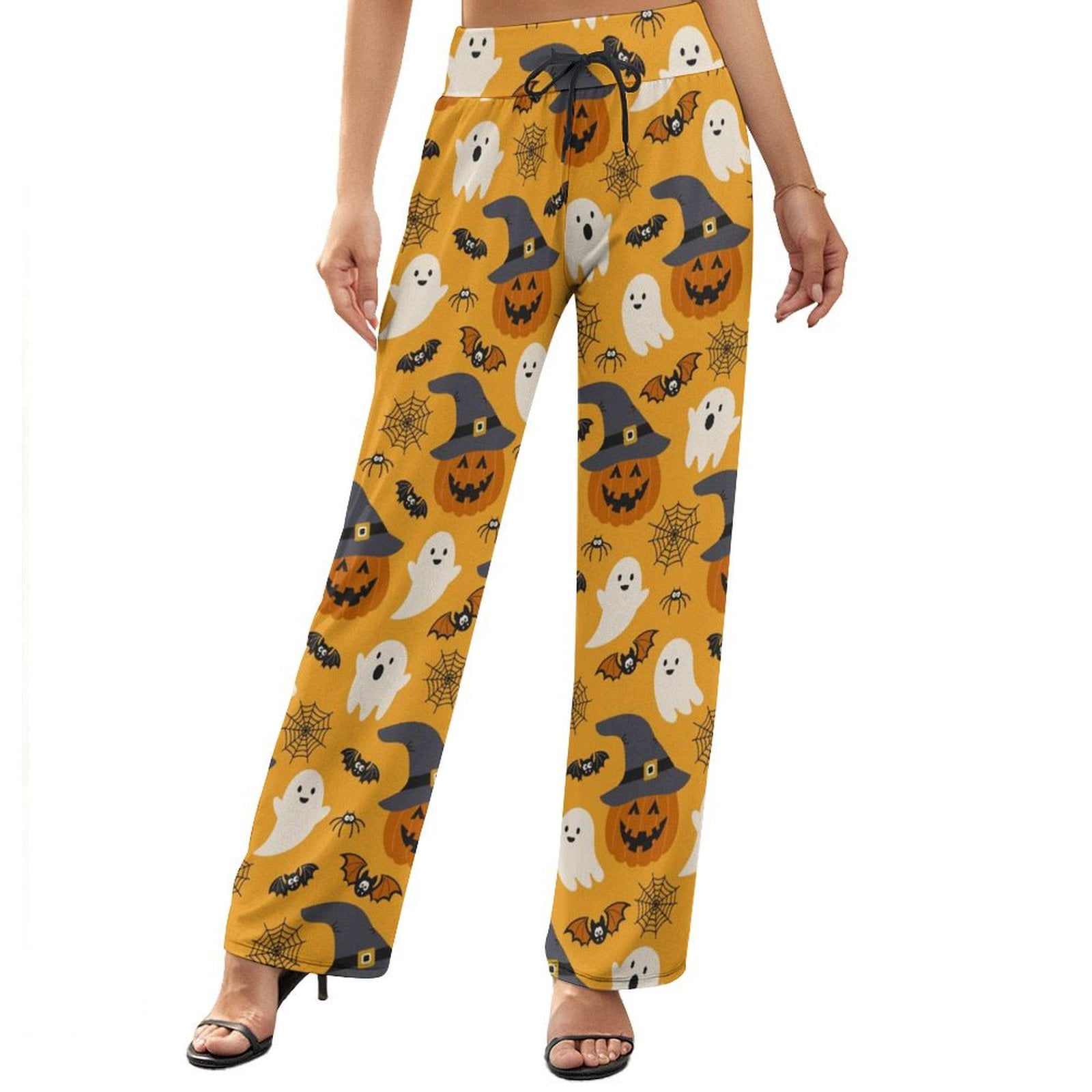Wide Leg Pants Woman - Halloween Pumpkin Spider Web Ghost Loose High ...