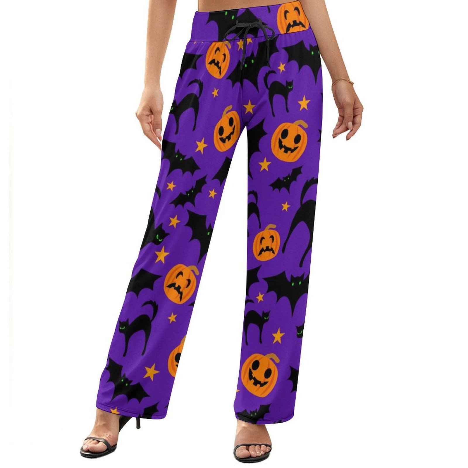 Wide Leg Pants Woman - Halloween Pumpkins Bat Design Loose High Waisted ...