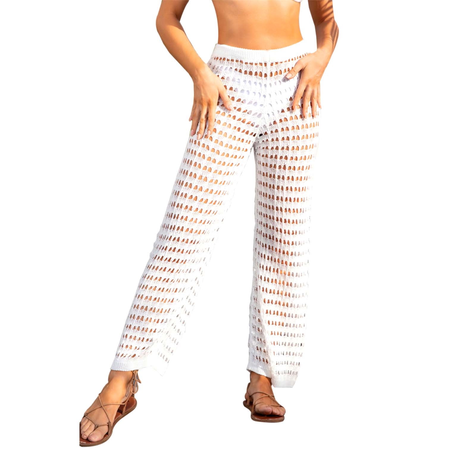 Wide Leg Pants Woman High Waisted Hollow Cut Out Knit Bikini Beach Joggers White Lounge Pajama ...