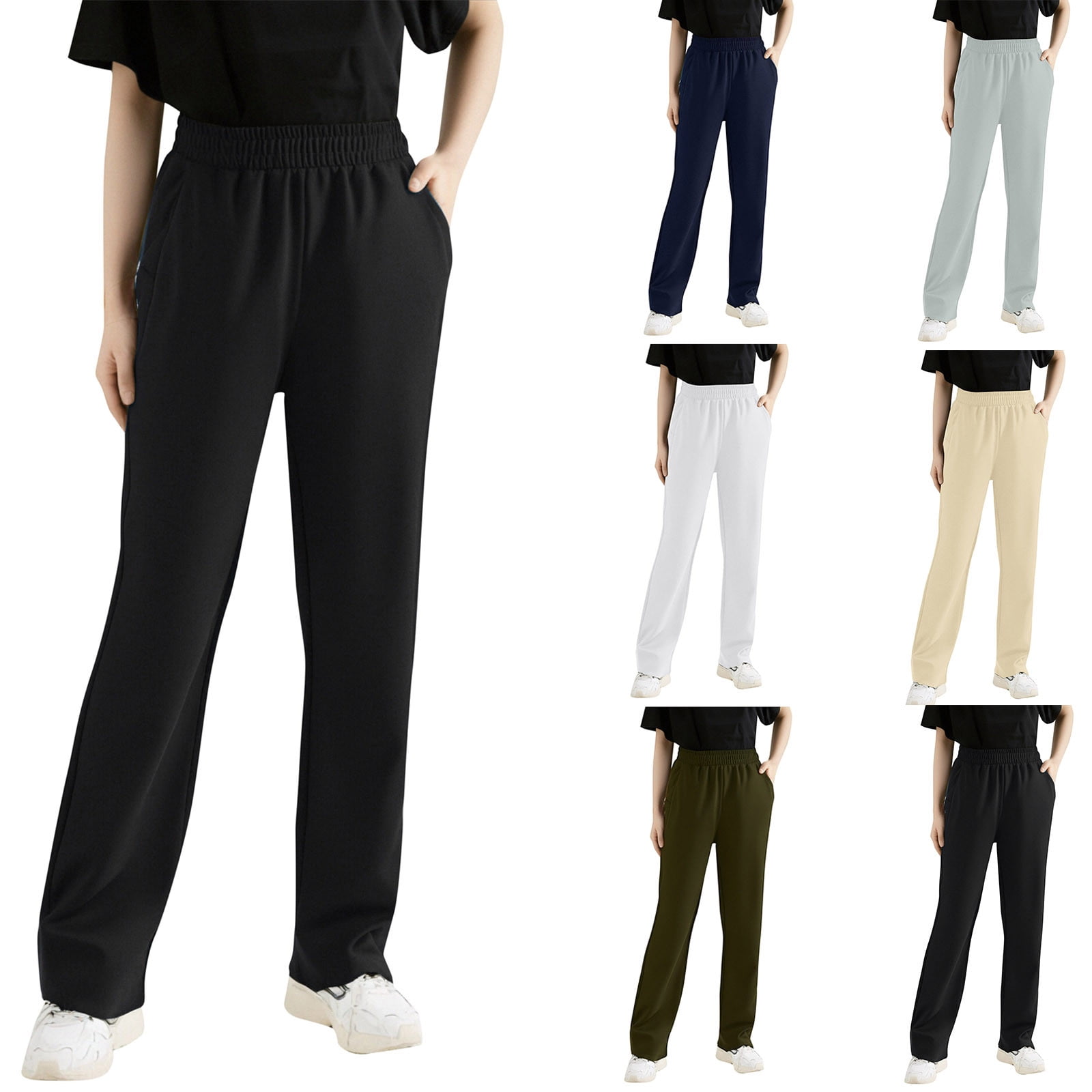 Wide Leg Pants Woman High Waisted Solid Loose Fit Baggy Pocket Sports ...