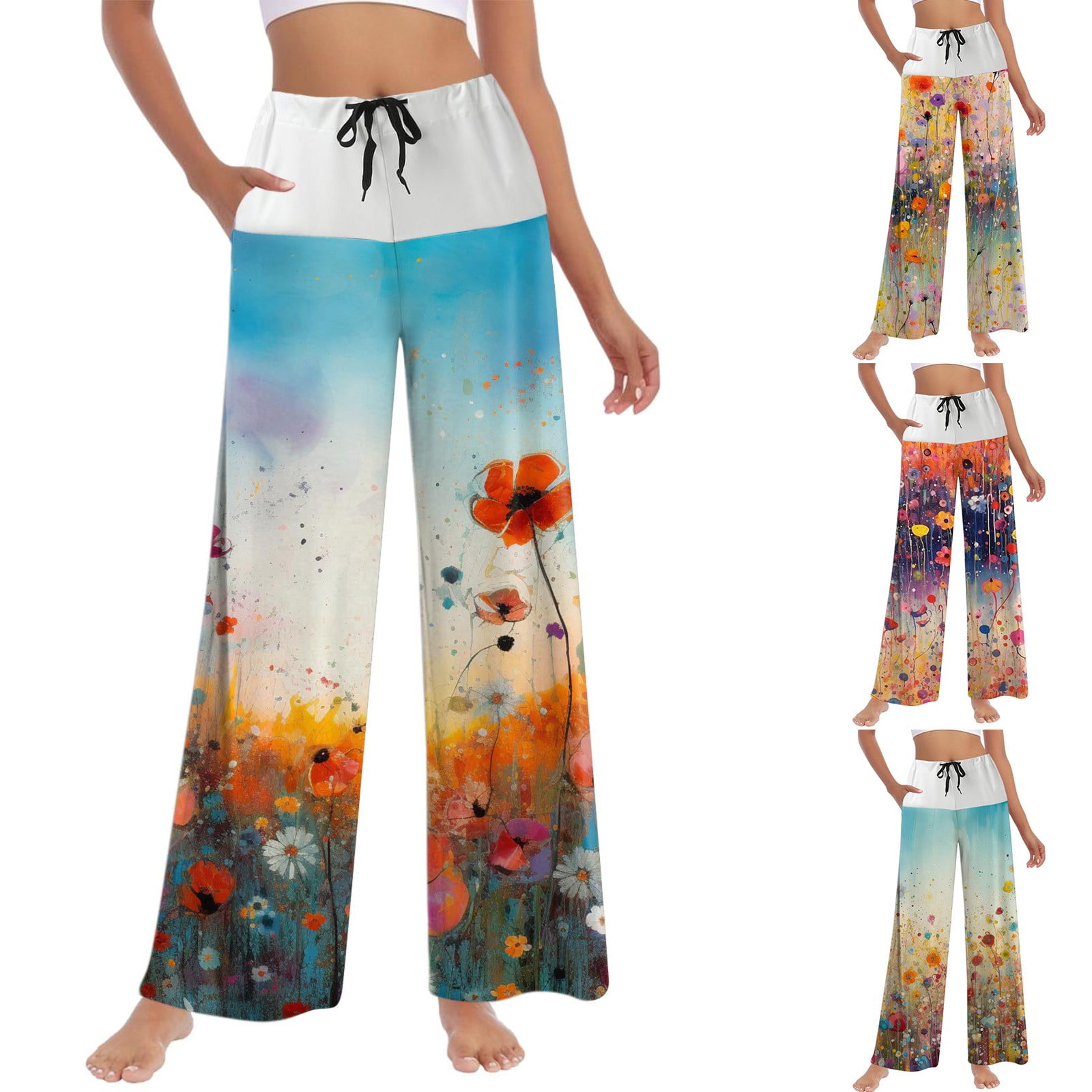 Wide Leg Pants Woman High Waisted Straight Harem 带 Slip Boho Beach ...