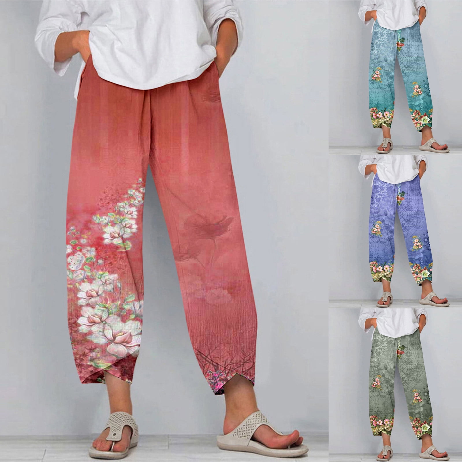 Wide Leg Pants Woman Loose Fit Cropped Beach Elastic Waist Baggy Capris ...