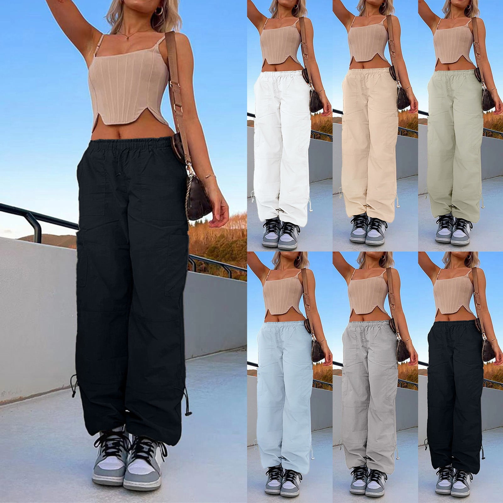 Wide Leg Pants Woman Loose Straps Multiple Pockets Straight Tube ...