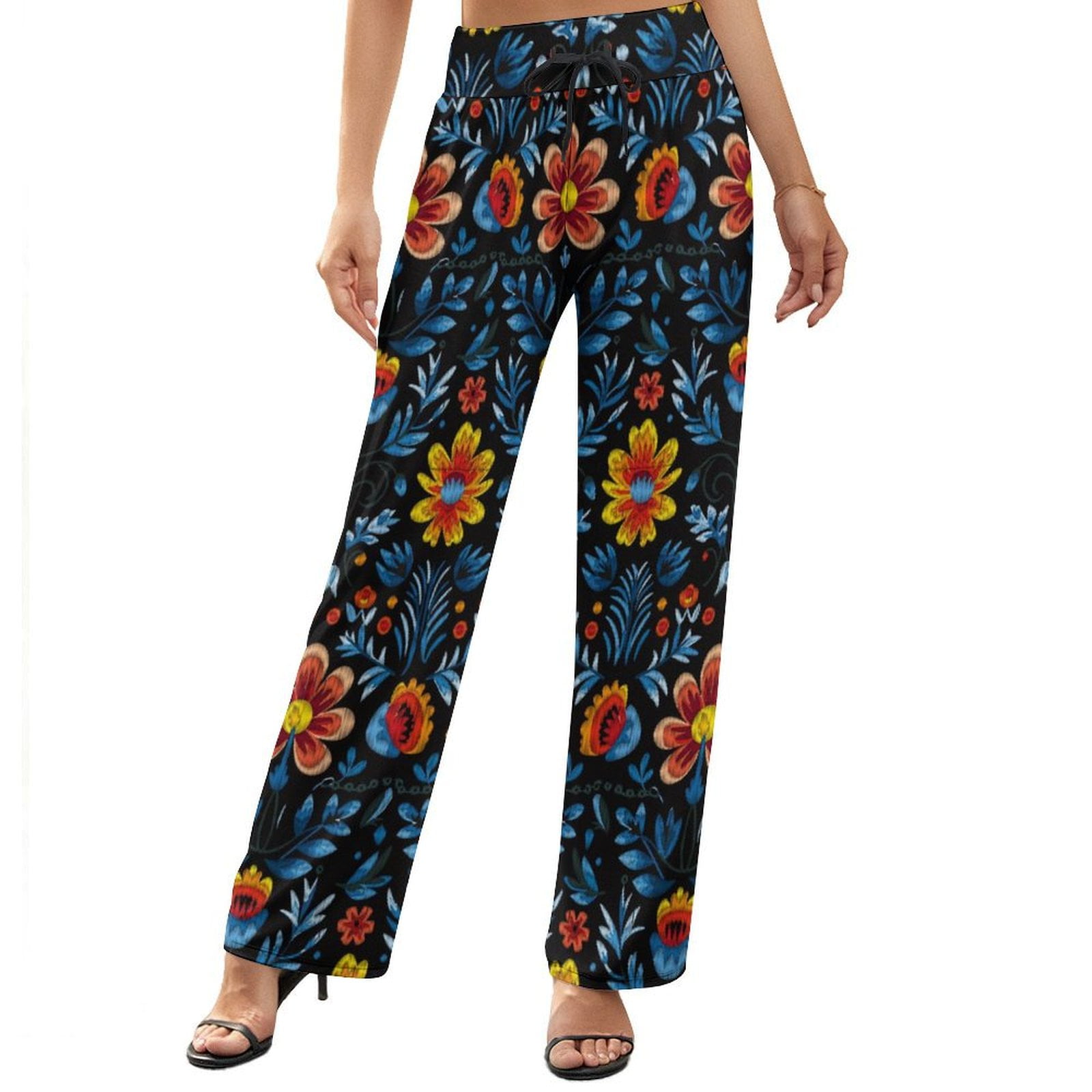 Wide Leg Pants Woman - Mexican Flower Loose High Waisted Palazzo Pants ...