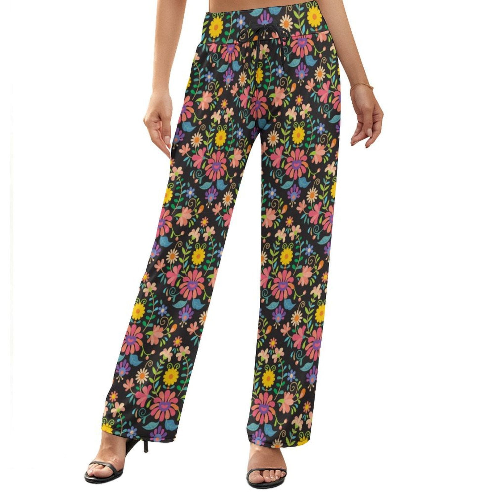 Wide Leg Pants Woman - Mexican Folk Art Floral Loose High Waisted ...