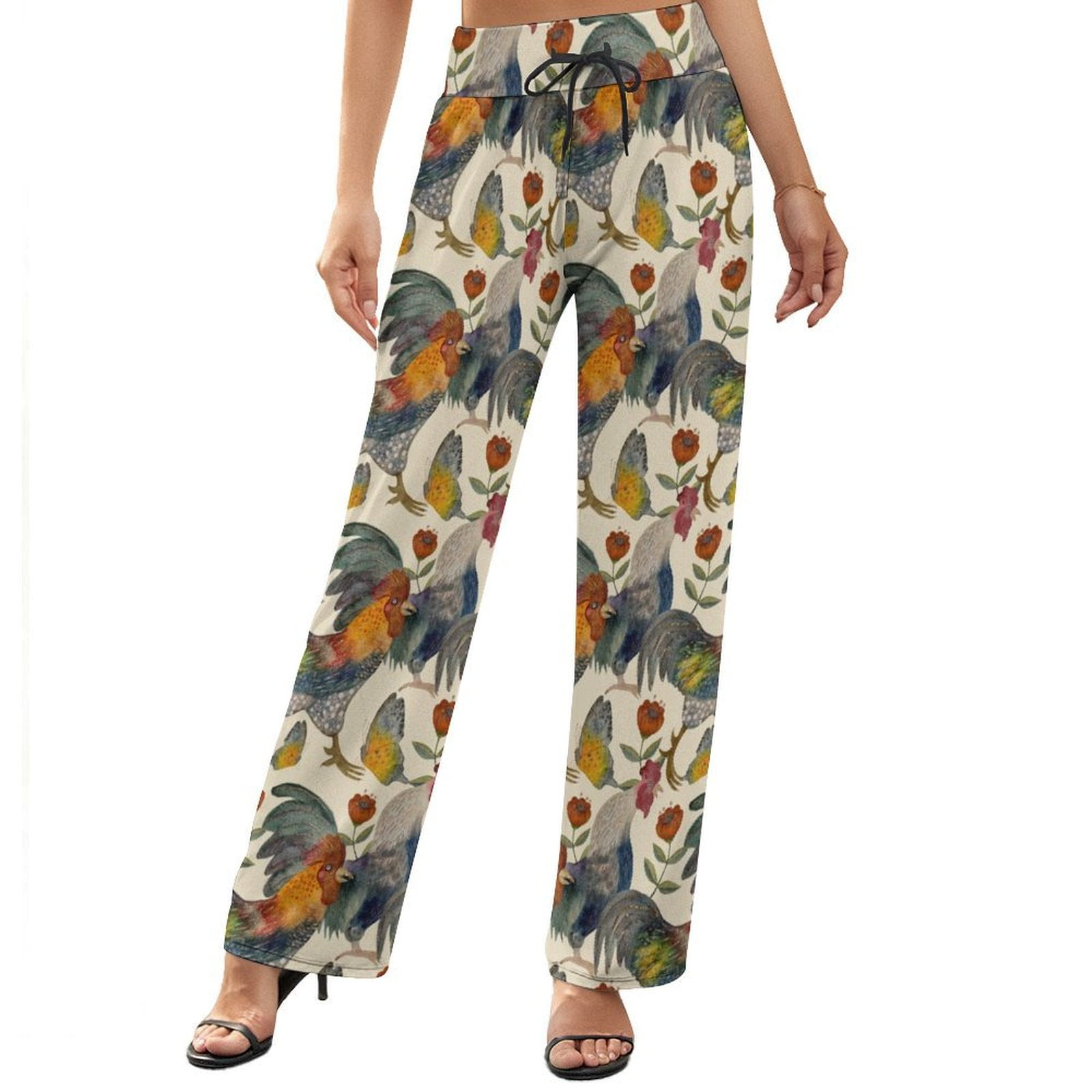 Wide Leg Pants Woman - Multi-Colored Roosters Loose High Waisted ...