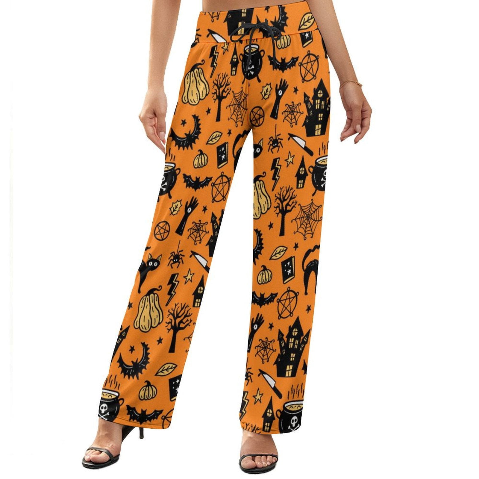 Wide Leg Pants Woman - Pumpkin Cat Halloween Loose High Waisted Palazzo ...