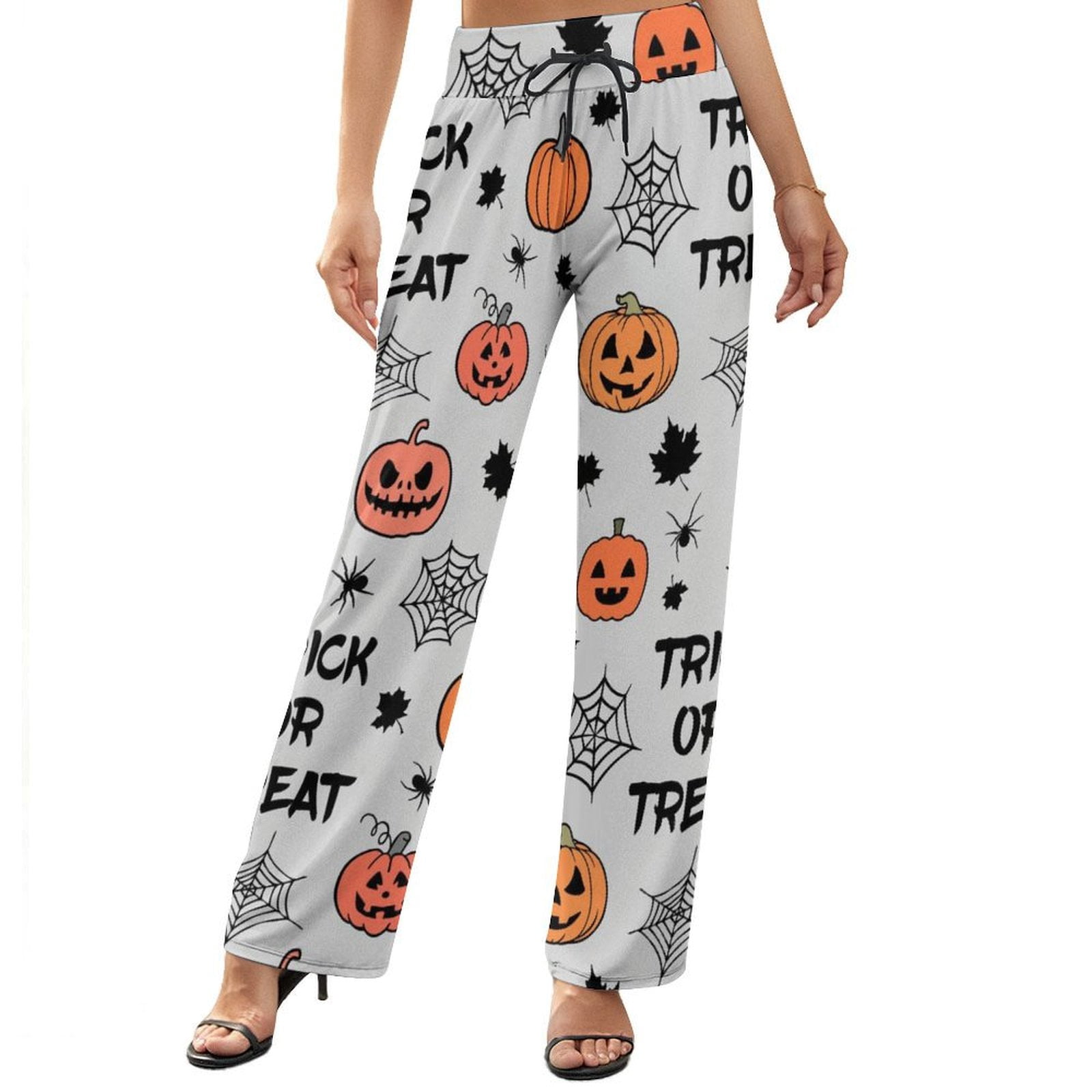 Wide Leg Pants Woman, Pumpkin Halloween Cartoon High Waist Knot Palazzo ...