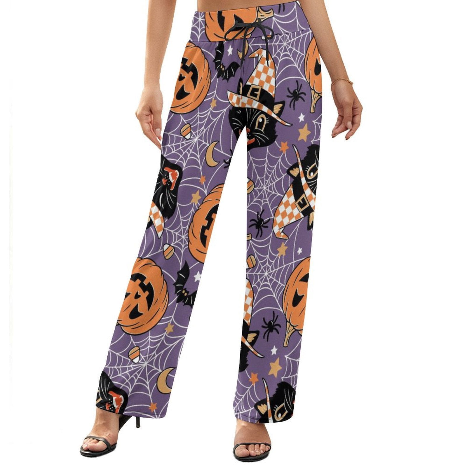 Wide Leg Pants Woman, Pumpkin Halloween Cat Spiderweb High Waist Knot ...