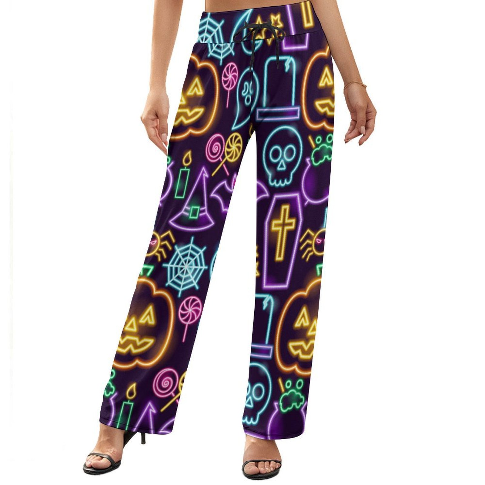 Wide Leg Pants Woman - Pumpkins Halloween Design Loose High Waisted ...