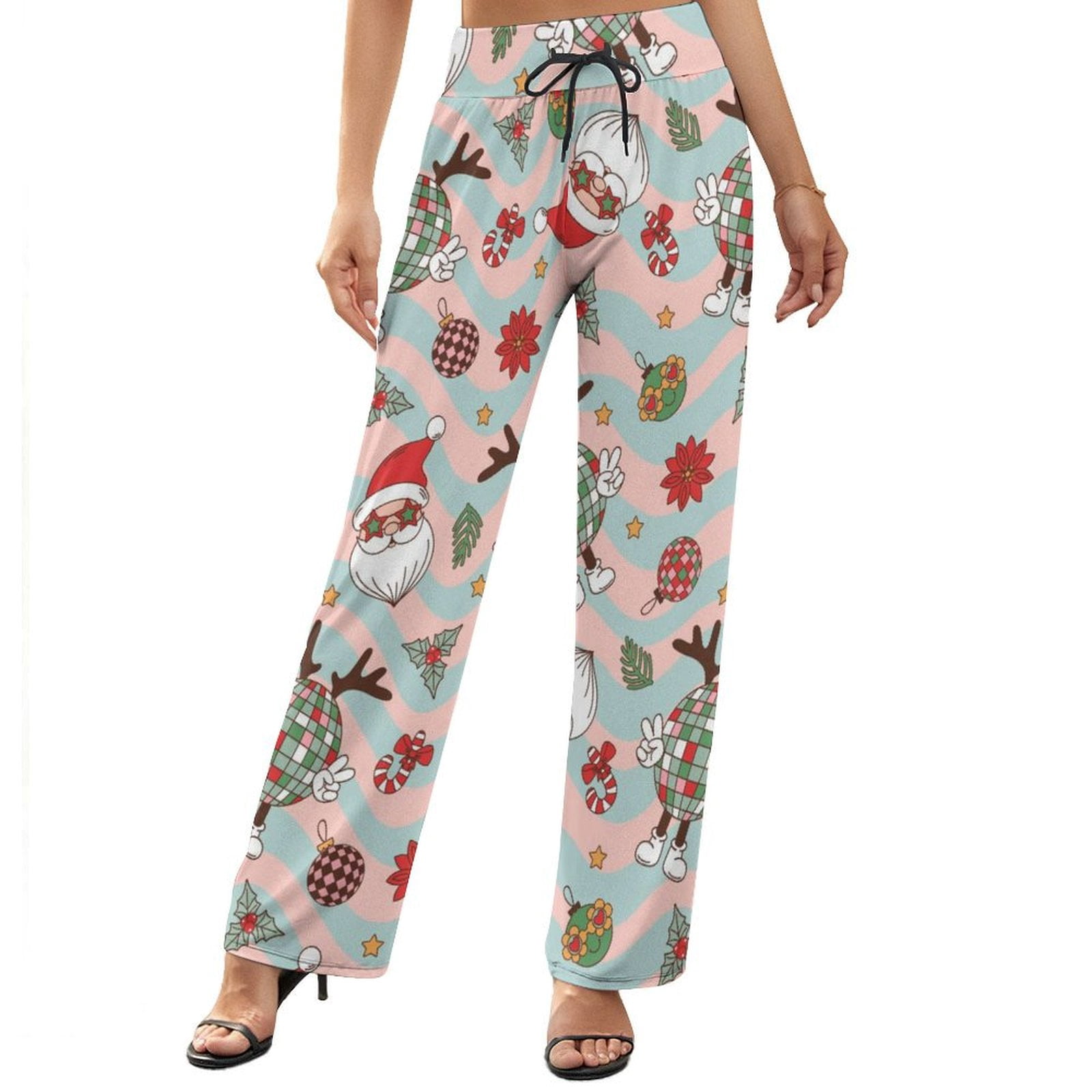 Wide Leg Pants Woman - Quirky Santa Reindeer Retro Wave Loose High ...