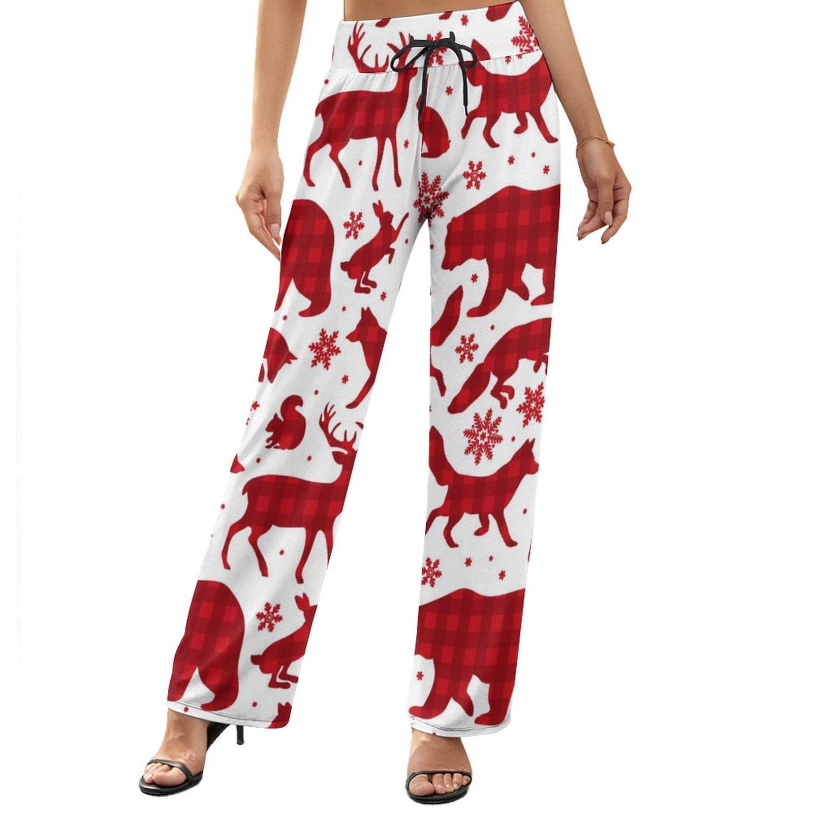 Wide Leg Pants Woman, Red Plaid Moose Bunny Bear High Waist Knot ...