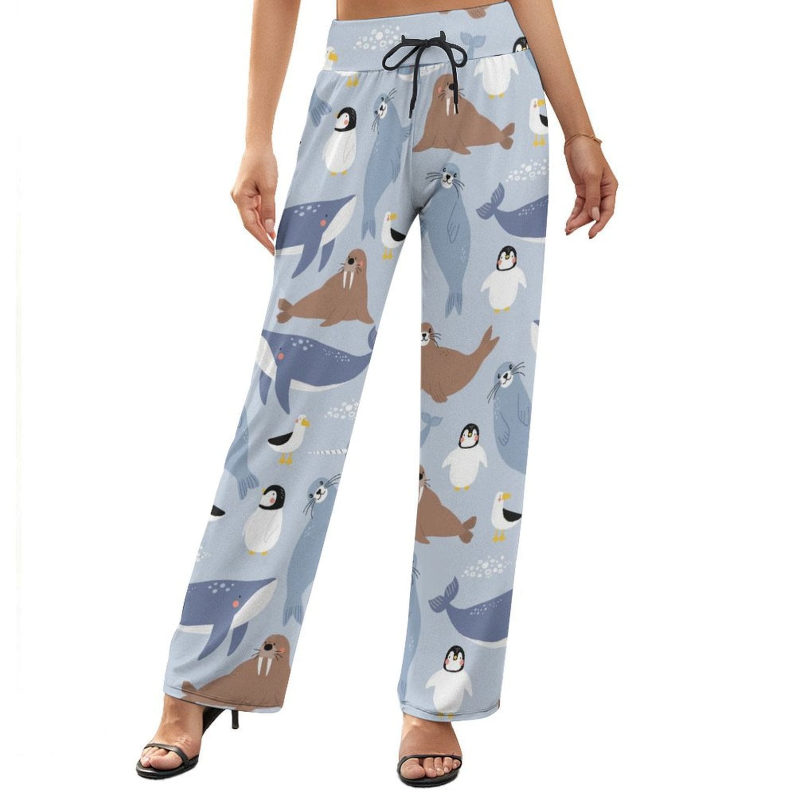 Wide Leg Pants Woman - Seal Fox Seagull Whales Loose High Waisted ...