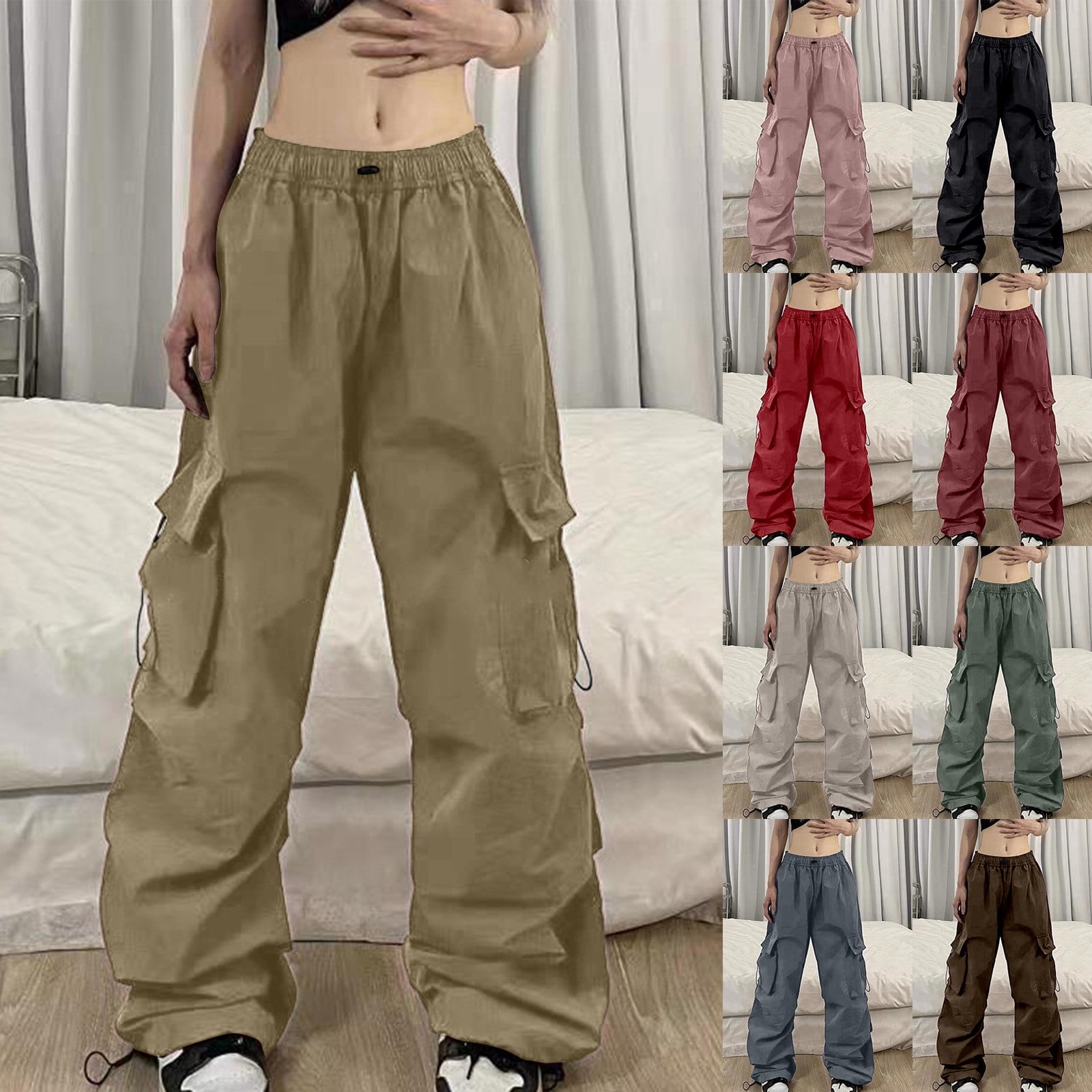 Wide Leg Pants Woman Y2K Cargo Parachute Trouser Loose Fit Pocket ...
