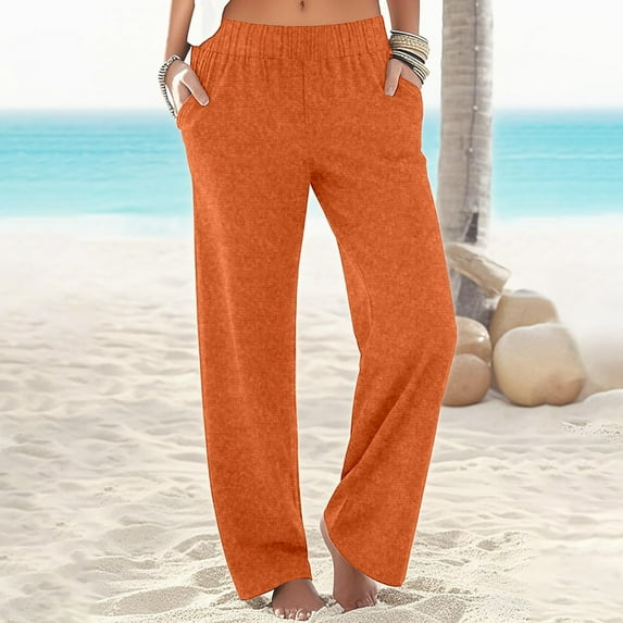 Wide Leg Pants Women Orange Pants Elastic Waist Beach Pants Pull on ...