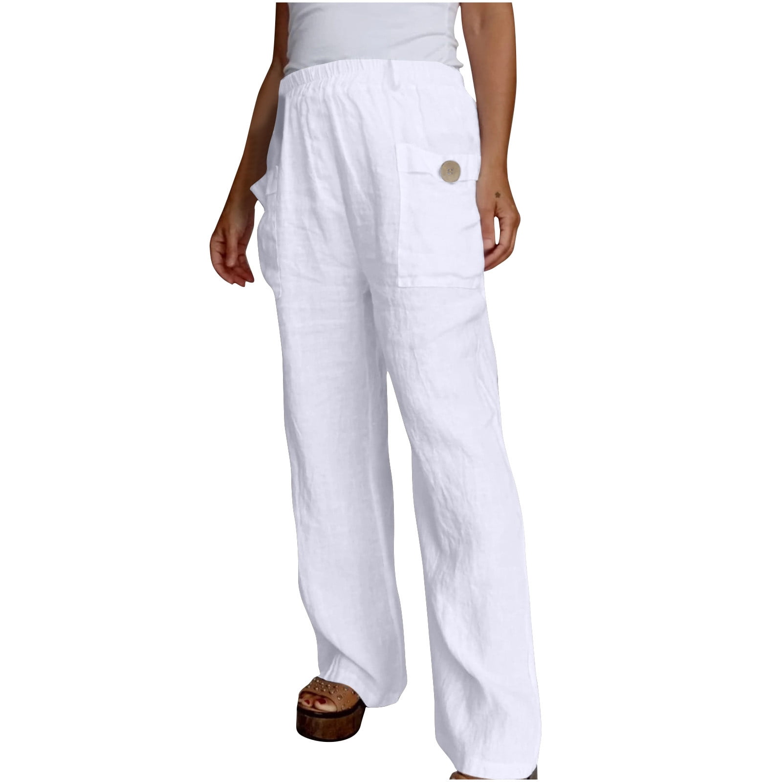 Wide Leg Pants for Women Elastic Waist Cotton Linen Straight Leg Pants ...