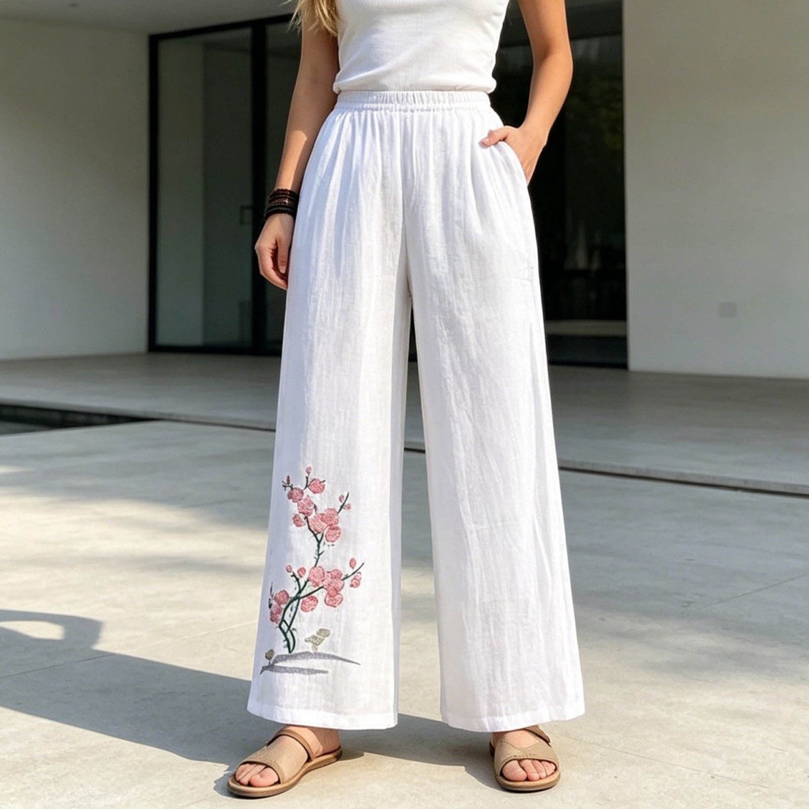 Wide Leg Pants for Women Floral Embroidered Lounge Pant Elastic Waist ...