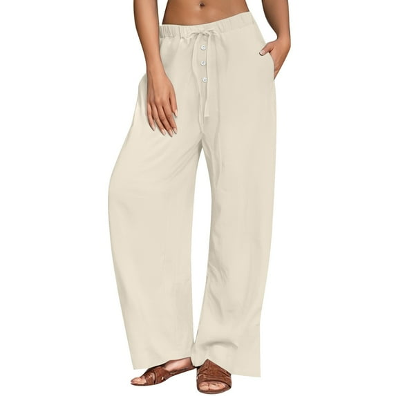 Wide Leg Pants for Womens Beige Pants Elastic Waist Drawstring Palazzo ...