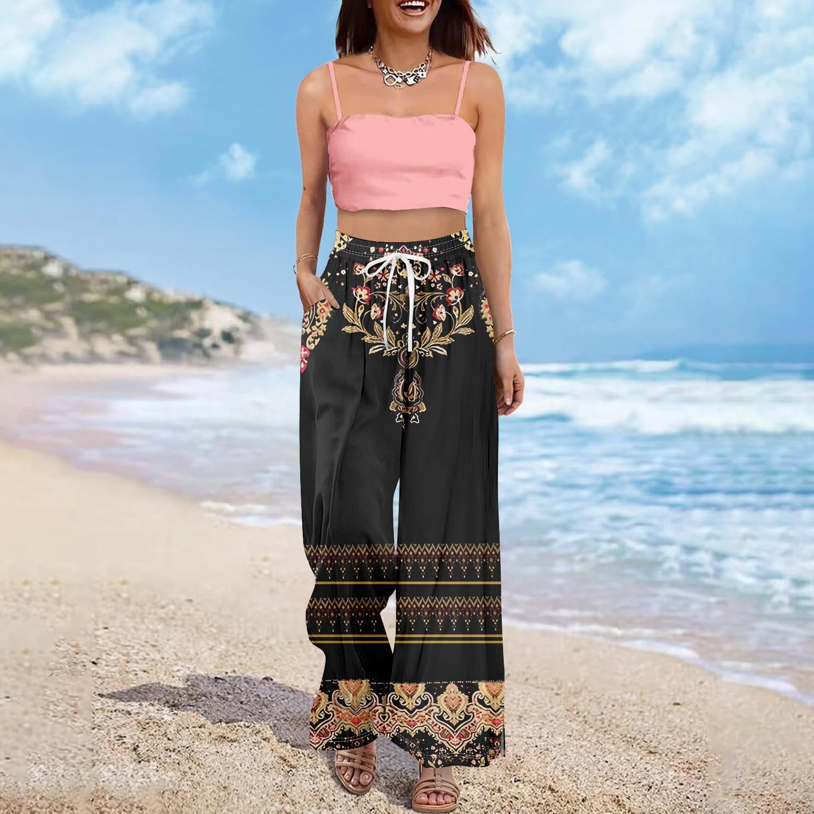 Wide Leg Petite High Waisted Palazzo Pants, Beach Vacation Boho Casual ...