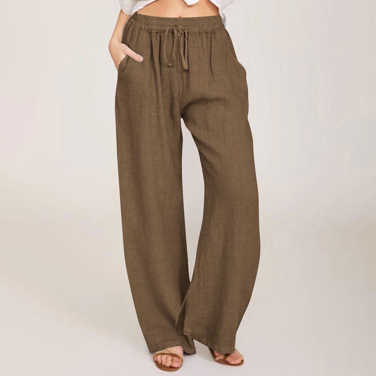 Wide Leg Slit Pants Womens Women's Cotton Linen Casual Loose Fitting ...