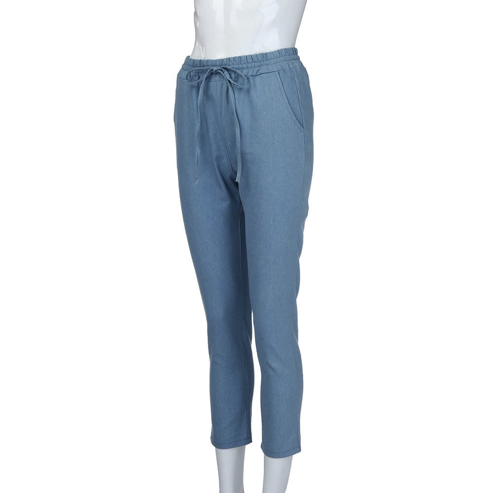 Wide Leg Sweatpants Women Petite Elastic Waist High Waist Jeans Blue ...