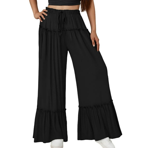 Wide Legs Pants for Women Black Pants Women Elastic Waist Drawstring ...