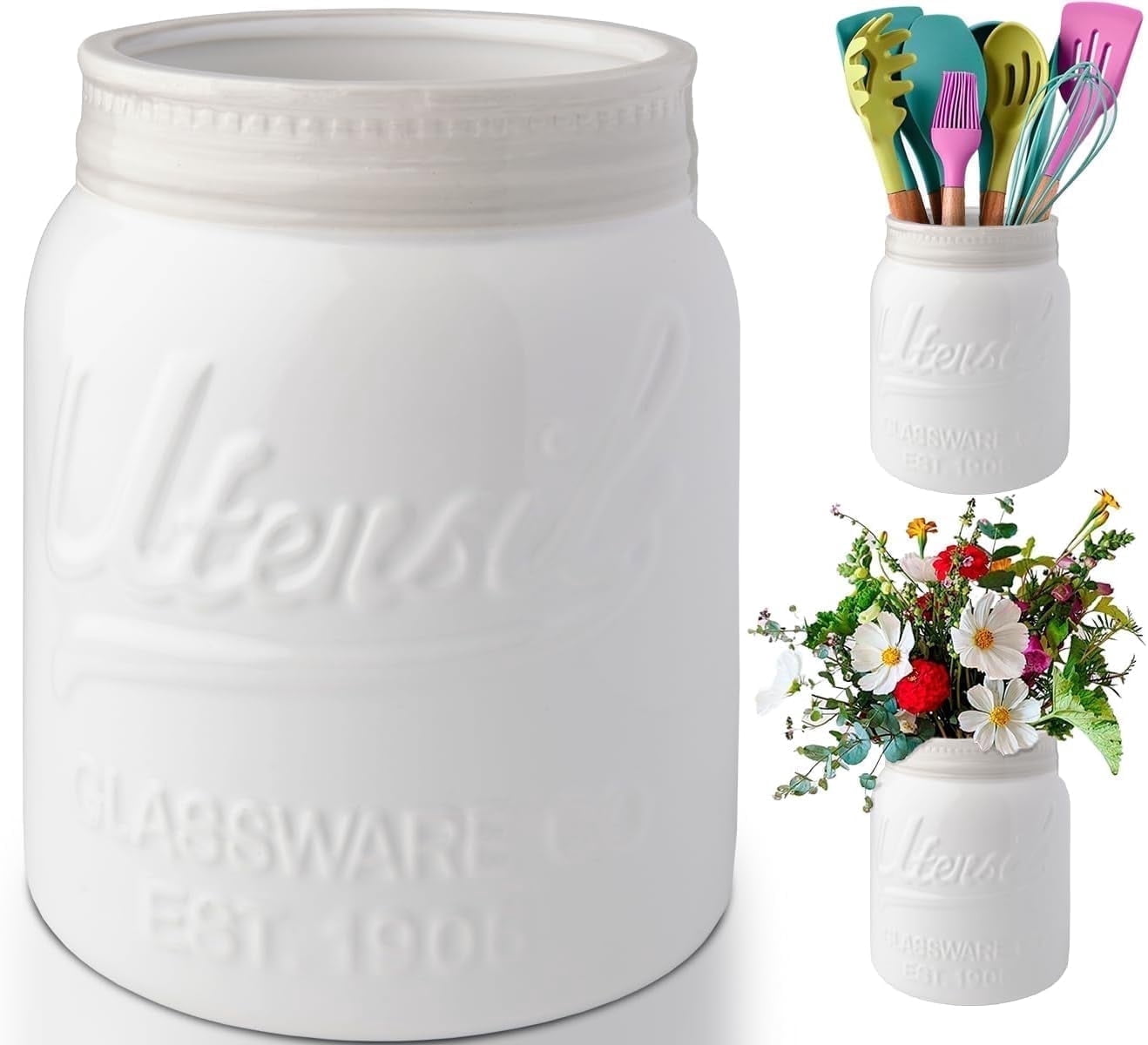 Comfify Ceramic Utensil Holder, Wide Mouth Mason Jar Style Countertop ...